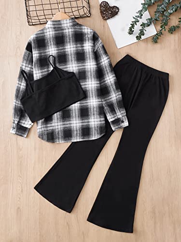 Floerns Girls 3 Piece Outfits Bell Bottom Outfit Cami Top and Flare Pants Set with Plaid Print Shirt Black and White 10Y