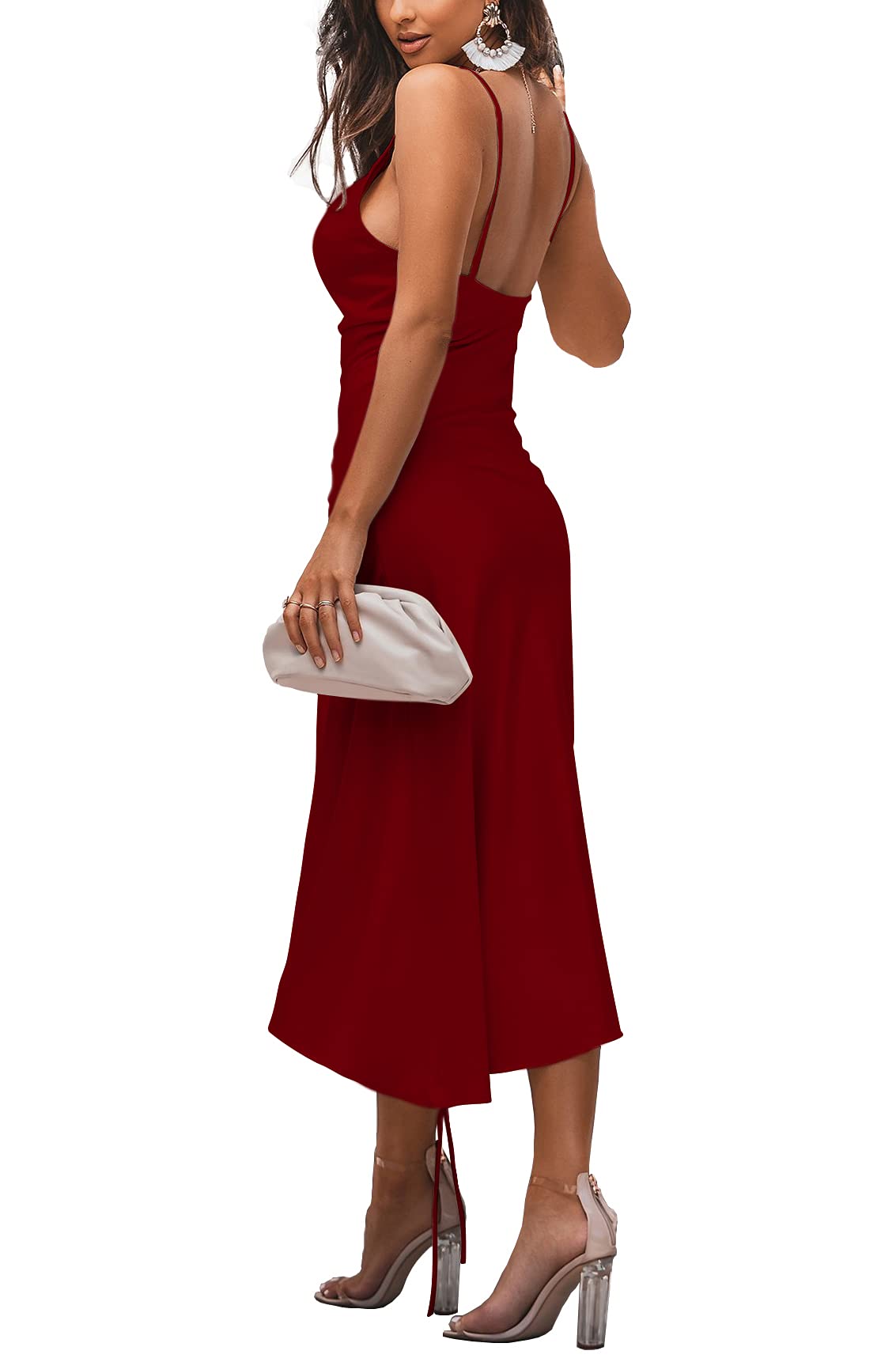 LYANER Women's Satin Spaghetti Straps Sexy Ruch Cowl Neck Cocktail Midi Dresses Wine Red Small