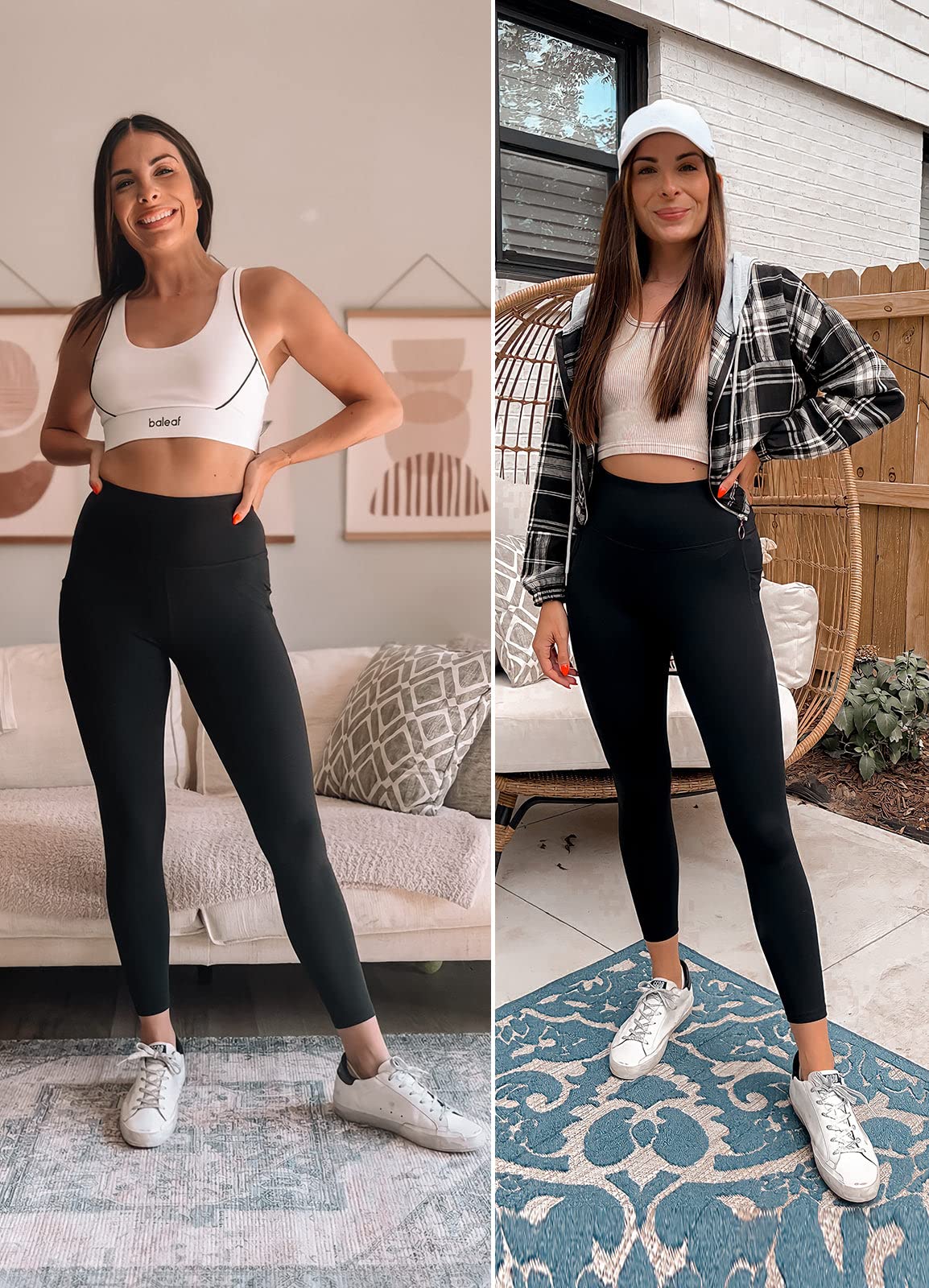 BALEAF Leggings with Pockets for Women Black Tummy Control Leggings Workout High Waisted Compression Yoga Ankle Pants Black L