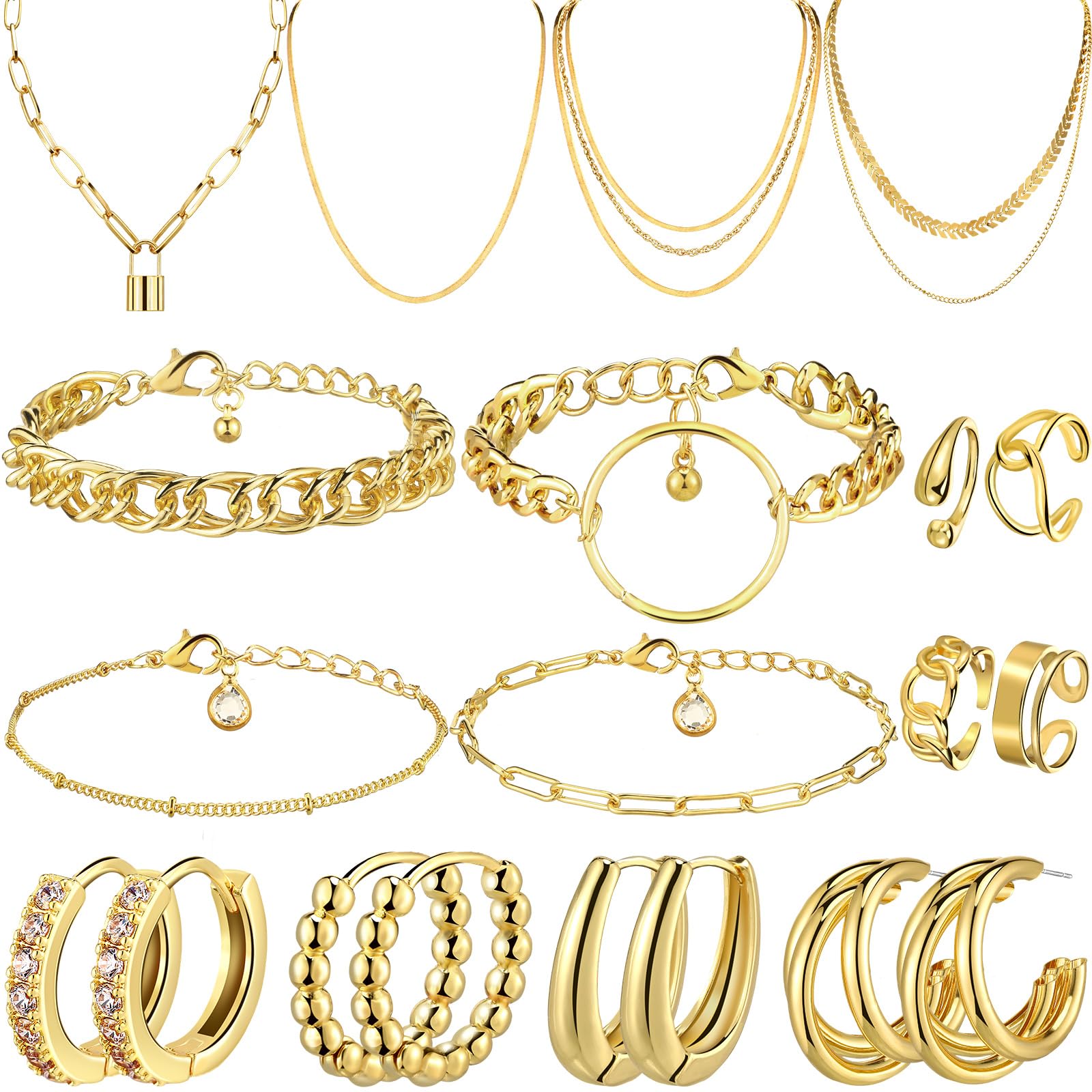 Henoyso 16 Pcs Gold Jewelry Set for Women Necklaces, Bracelets, Earrings, Knuckle Rings for Valentine's Birthday Wedding Parties Gifts(Stylish Style)