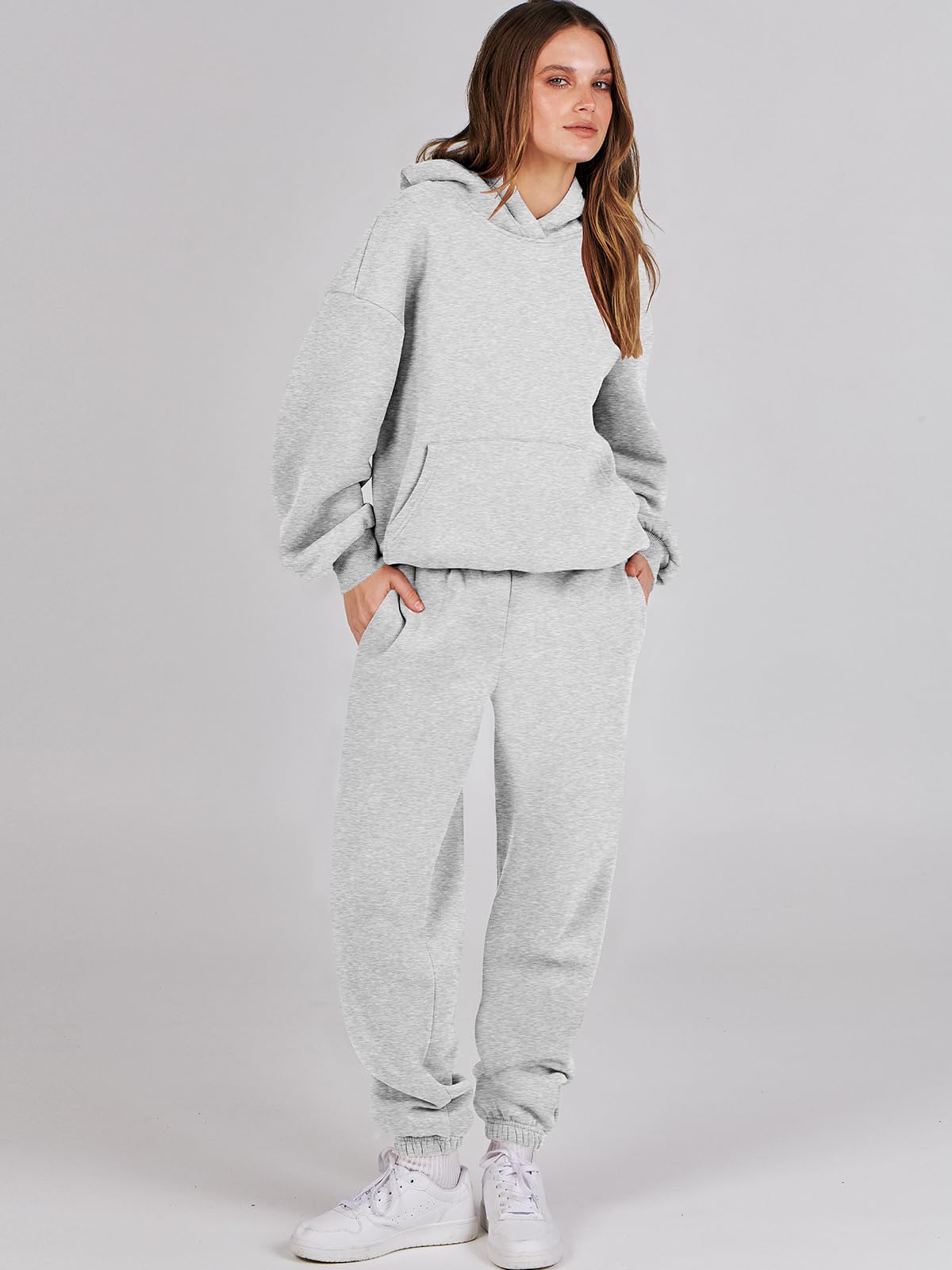 ANRABESS Womens 2 Piece Outfits Lounge Hoodie Oversized Sweatshirt Jogger Sweatpants Y2K Tracksuit Sweatsuit Set Fall Clothes Light Grey Small
