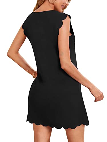 LYANER Women's Notched Neck Scallop Trim Sleeveless A-Line Short Mini Dress Black Medium