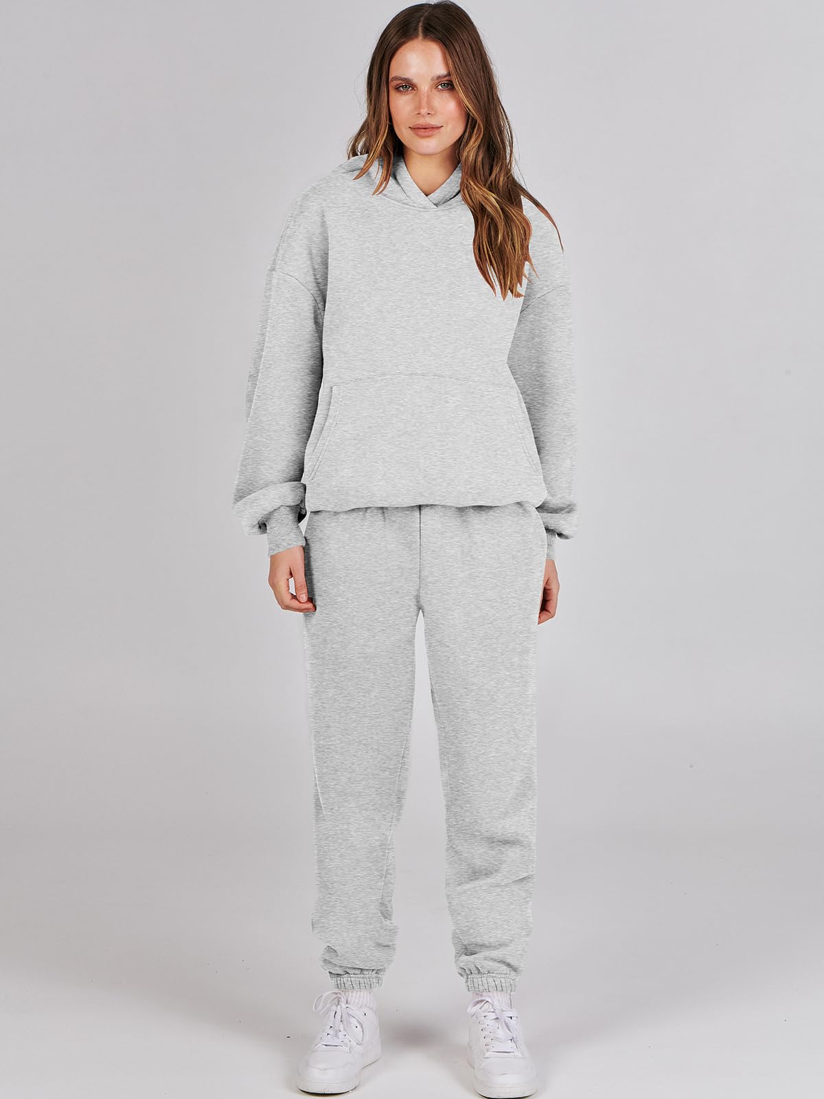 ANRABESS Womens 2 Piece Outfits Lounge Hoodie Oversized Sweatshirt Jogger Sweatpants Y2K Tracksuit Sweatsuit Set Fall Clothes Light Grey Small
