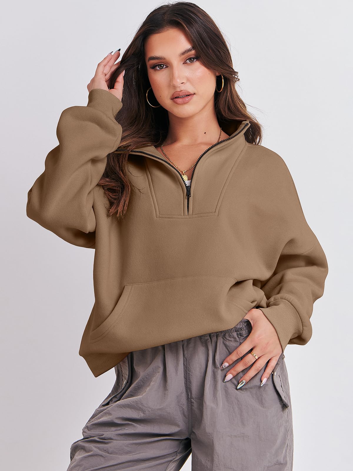 ANRABESS Womens Half Zip Sweatshirts Oversized Crop Pullover 2024 Winter Y2K Fleece Hoodie Sweater Teen Girls Fall Clothes Brown Large