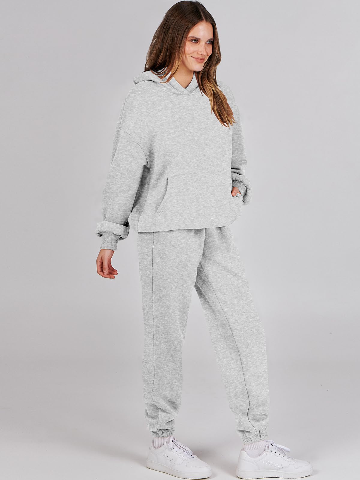 ANRABESS Womens 2 Piece Outfits Lounge Hoodie Oversized Sweatshirt Jogger Sweatpants Y2K Tracksuit Sweatsuit Set Fall Clothes Light Grey Small
