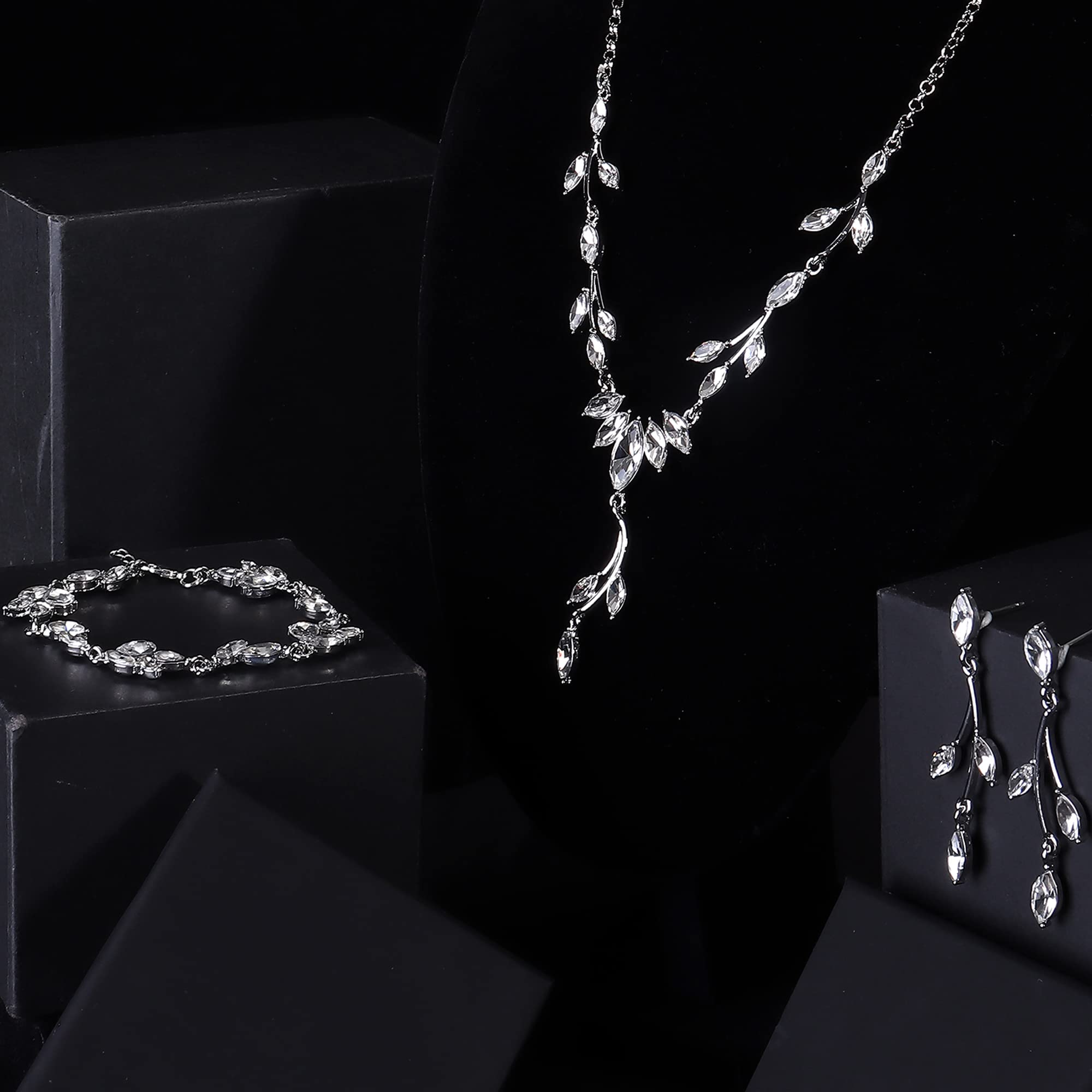 ORAZIO 3 Pcs Women Crystal Jewelry Set Bridal Wedding Rhinestone Necklace Crystal Bracelets and Dangle Earrings A-Silver Tone