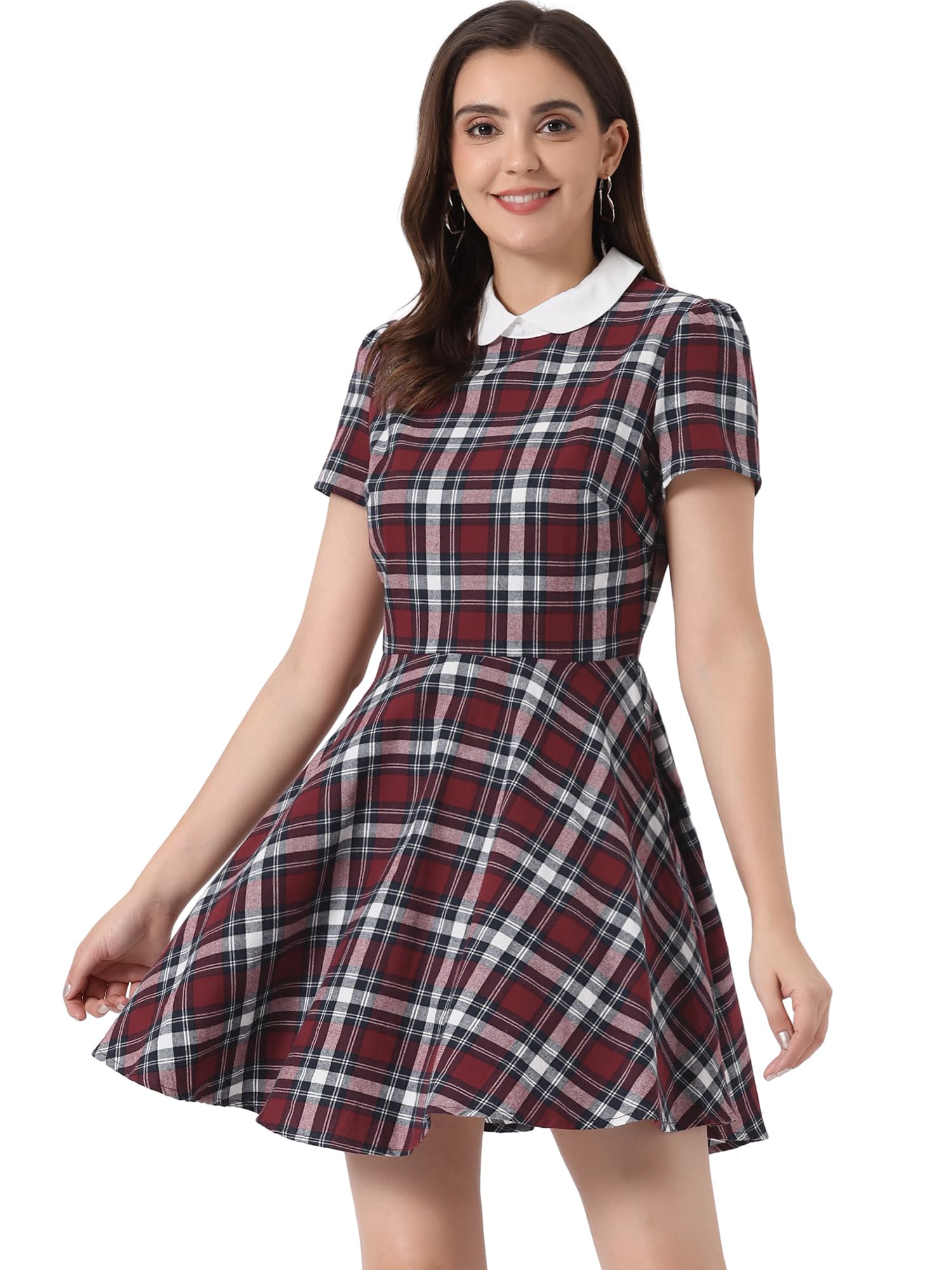 Allegra K Women Plaids Contrast Peter Pan Collar Puff Sleeves Above Knee Dress Medium Red White