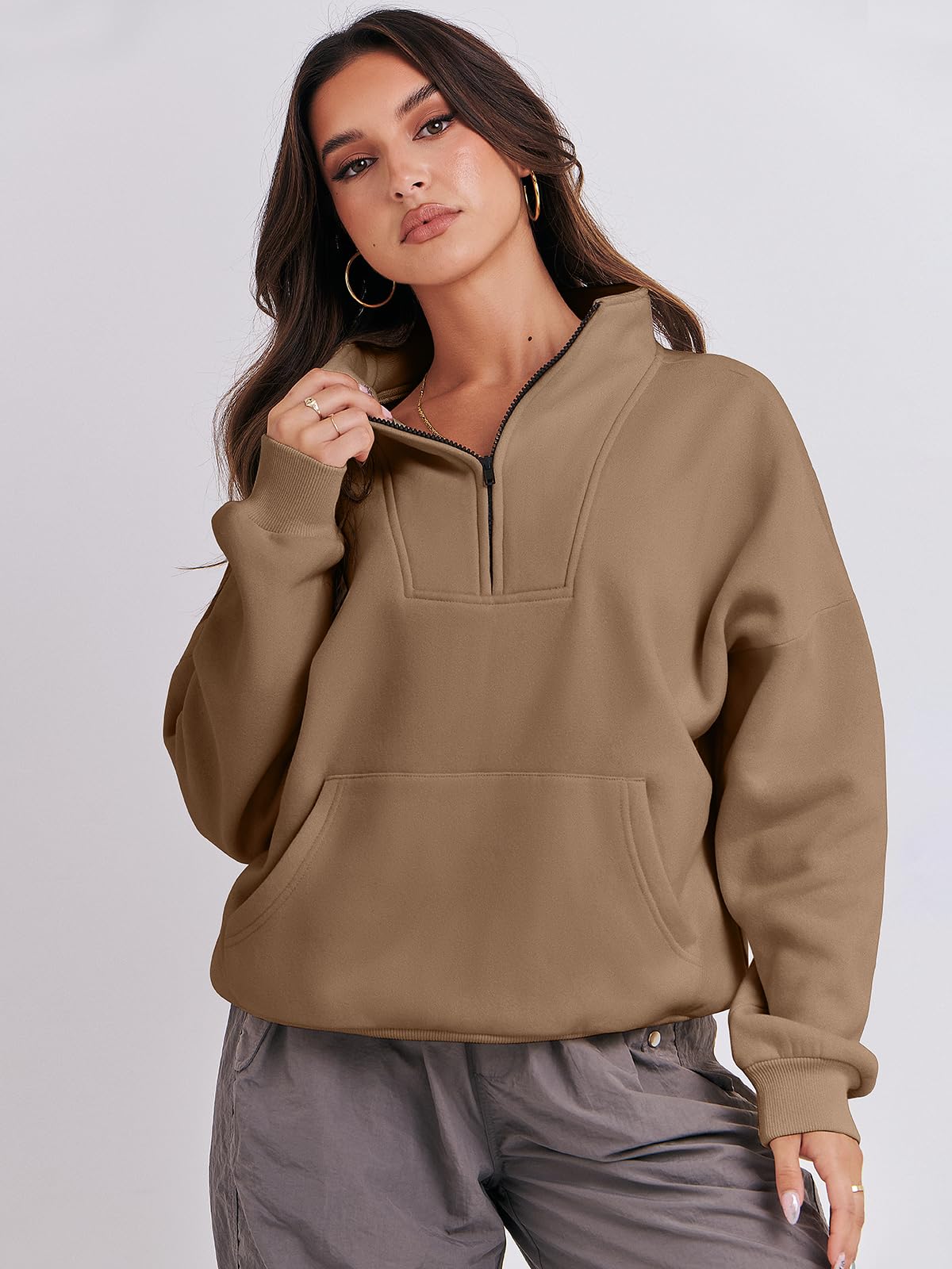 ANRABESS Womens Half Zip Sweatshirts Oversized Crop Pullover 2024 Winter Y2K Fleece Hoodie Sweater Teen Girls Fall Clothes Brown Large