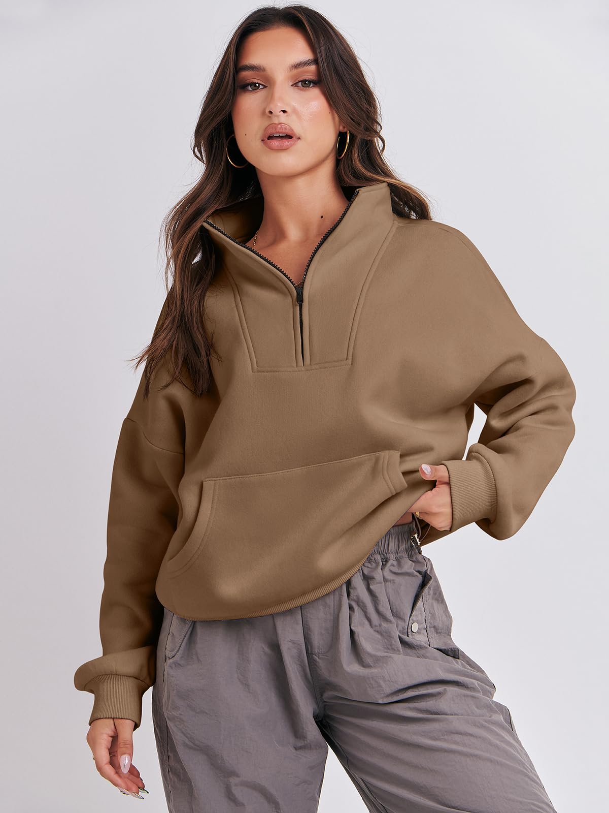 ANRABESS Womens Half Zip Sweatshirts Oversized Crop Pullover 2024 Winter Y2K Fleece Hoodie Sweater Teen Girls Fall Clothes Brown Large