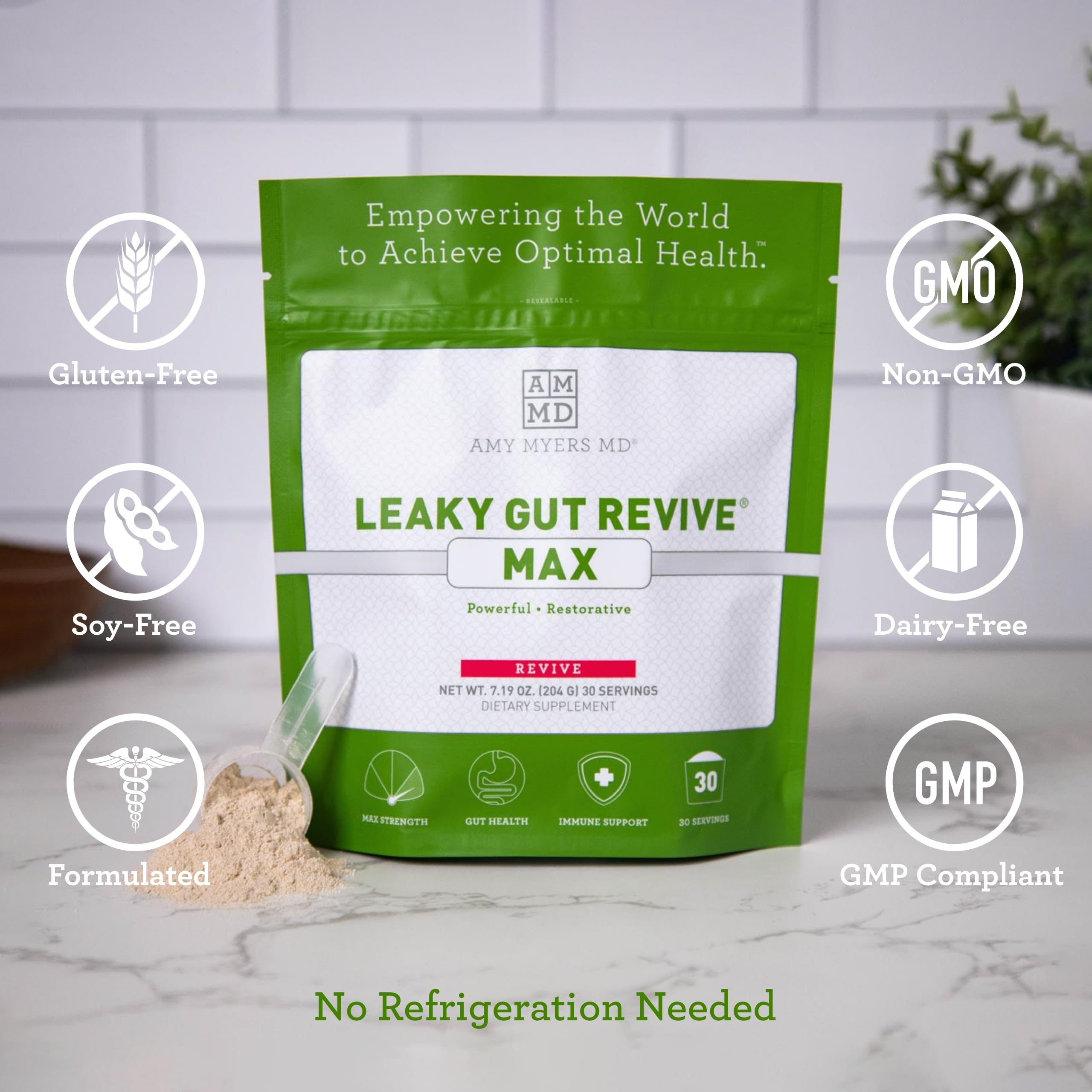 Amy Myers MD Leaky Gut Revive MAX Powder for Leaky Gut Repair β Potent L-Glutamine Powder to Support Constipation, IBS, Diarrhea, Bloating, Gas, SIBO β Plant Based Supplement for Gut Health, 1 Month