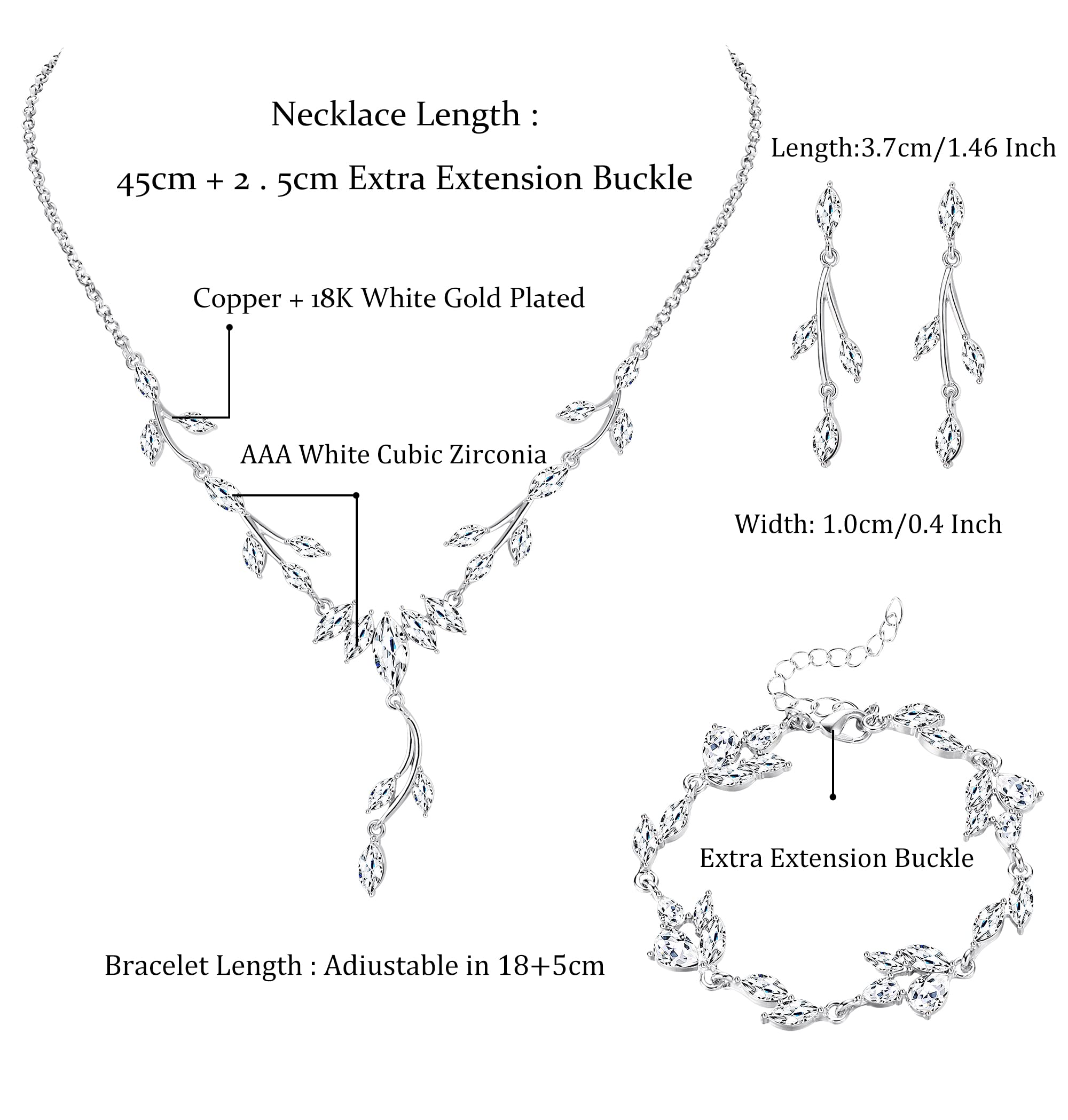 ORAZIO 3 Pcs Women Crystal Jewelry Set Bridal Wedding Rhinestone Necklace Crystal Bracelets and Dangle Earrings A-Silver Tone