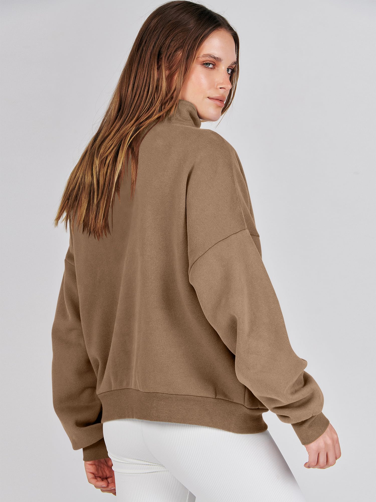 ANRABESS Womens Half Zip Sweatshirts Oversized Crop Pullover 2024 Winter Y2K Fleece Hoodie Sweater Teen Girls Fall Clothes Brown Large