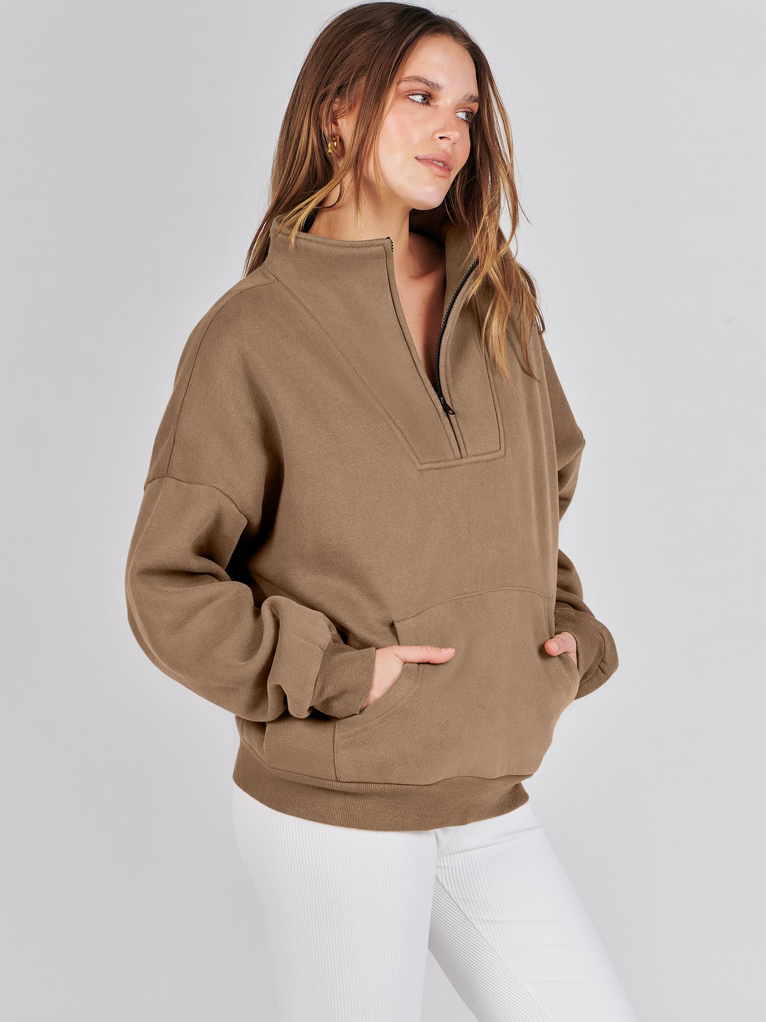 ANRABESS Womens Half Zip Sweatshirts Oversized Crop Pullover 2024 Winter Y2K Fleece Hoodie Sweater Teen Girls Fall Clothes Brown Large