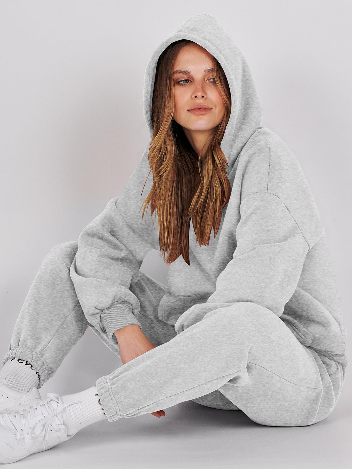 ANRABESS Womens 2 Piece Outfits Lounge Hoodie Oversized Sweatshirt Jogger Sweatpants Y2K Tracksuit Sweatsuit Set Fall Clothes Light Grey Small