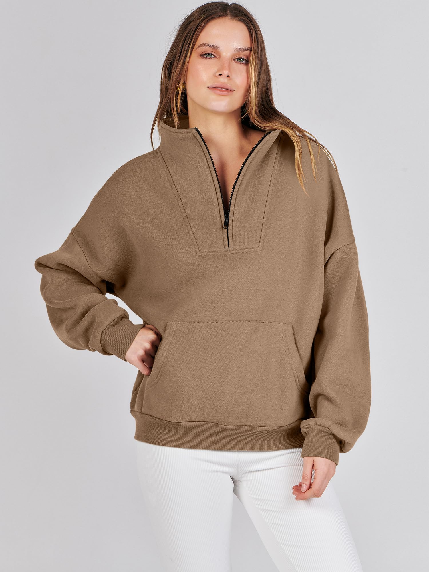 ANRABESS Womens Half Zip Sweatshirts Oversized Crop Pullover 2024 Winter Y2K Fleece Hoodie Sweater Teen Girls Fall Clothes Brown Large