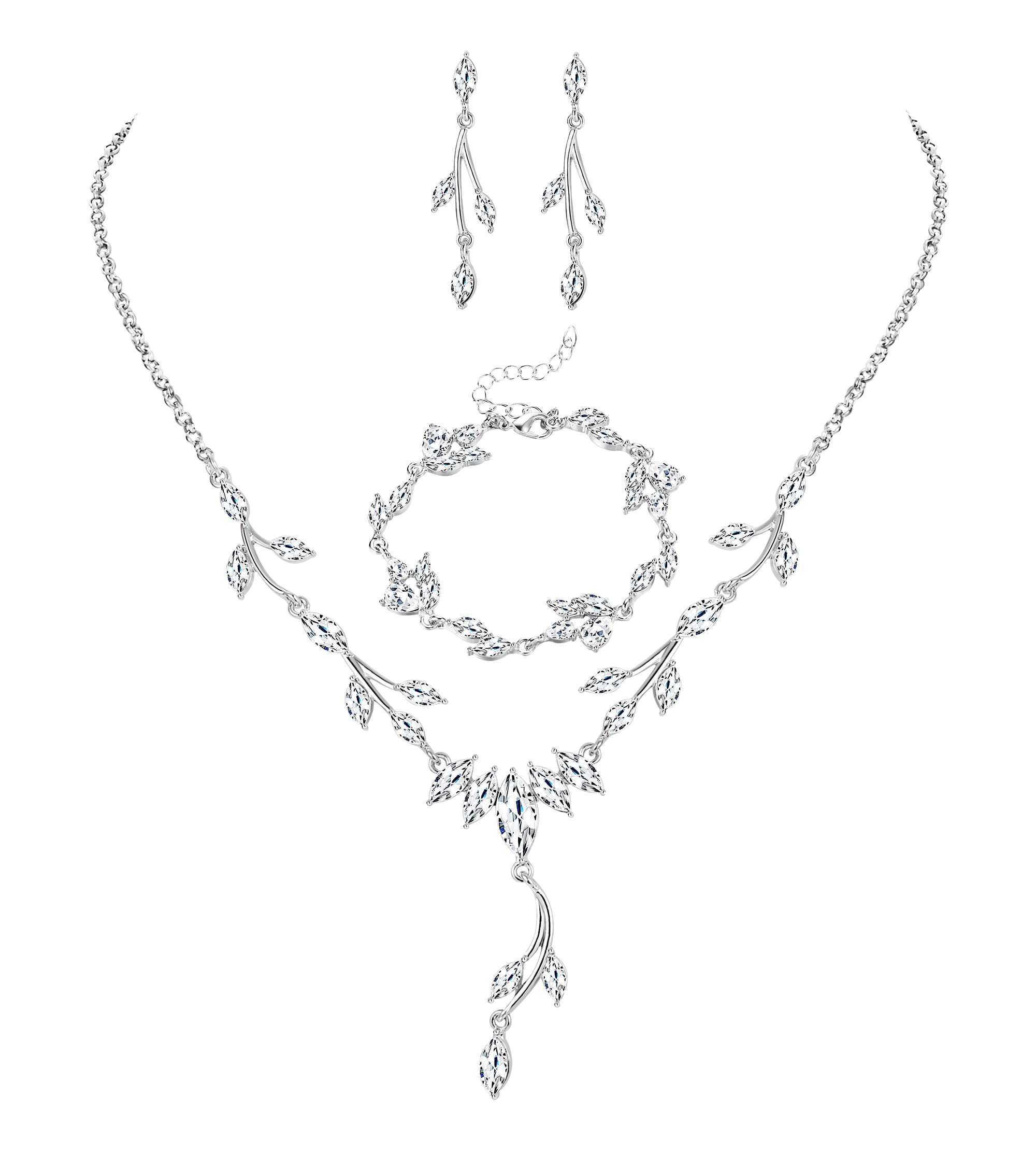 ORAZIO 3 Pcs Women Crystal Jewelry Set Bridal Wedding Rhinestone Necklace Crystal Bracelets and Dangle Earrings A-Silver Tone