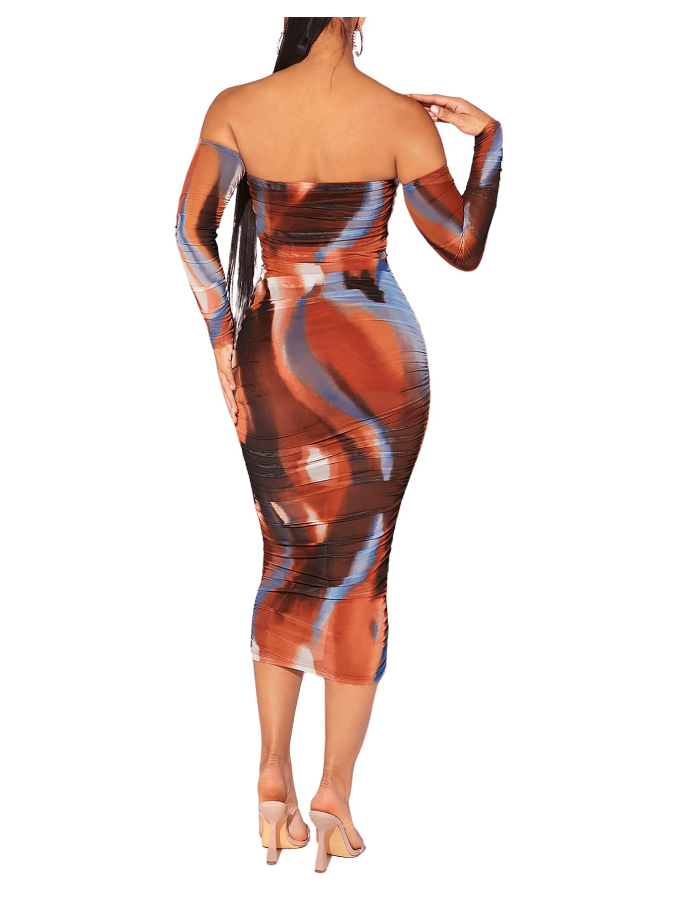 GORGLITTER Women's Tie Dye Bodycon Dress Off The Shoulder Ruched Long Sleeve Midi Dresses Multicolor Large