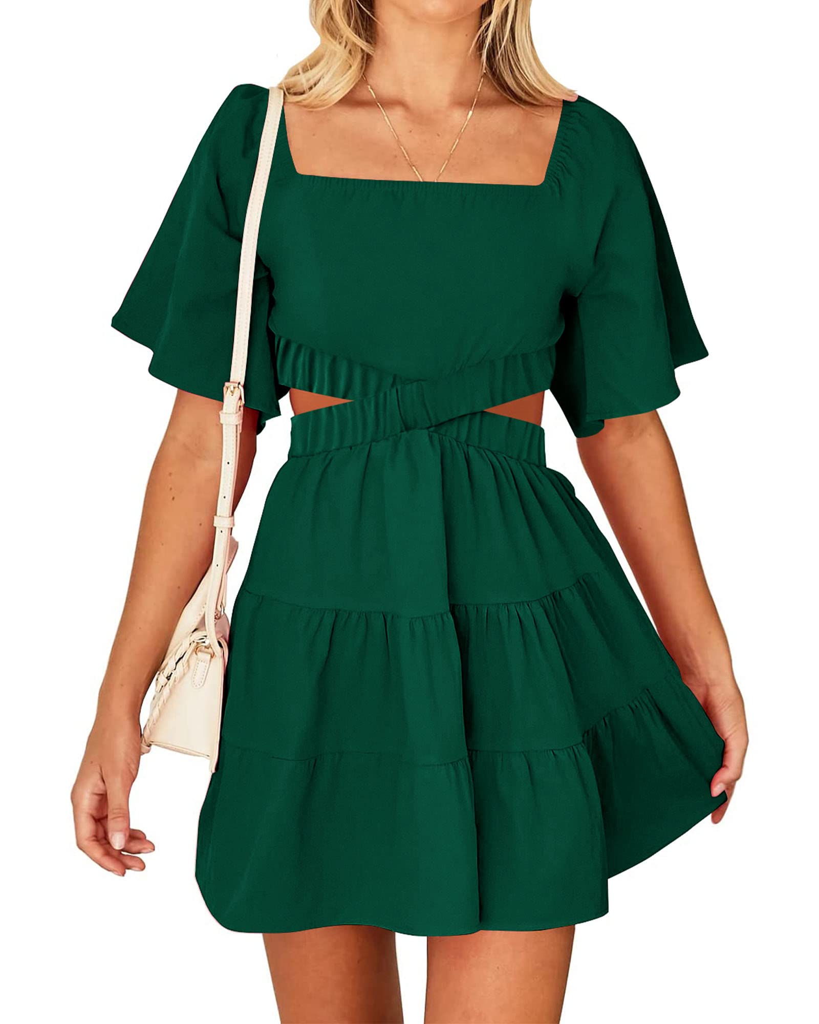BTFBM Women Summer Dresses 2023 Square Neck Short Sleeve Cutout Crossover Waist Casual Party Tiered A-Line Mini Dress(Solid Green, Small)