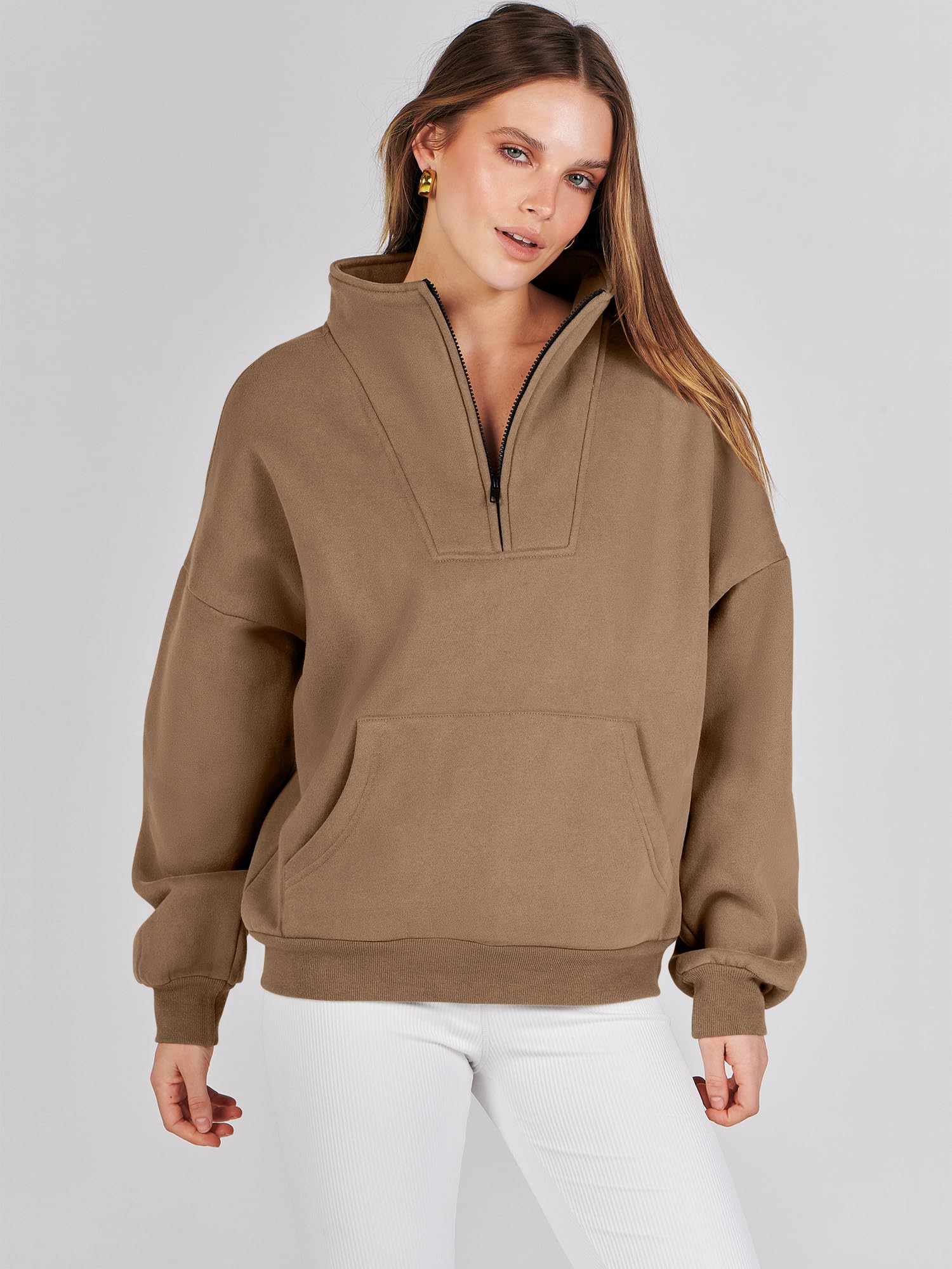 ANRABESS Womens Half Zip Sweatshirts Oversized Crop Pullover 2024 Winter Y2K Fleece Hoodie Sweater Teen Girls Fall Clothes Brown Large
