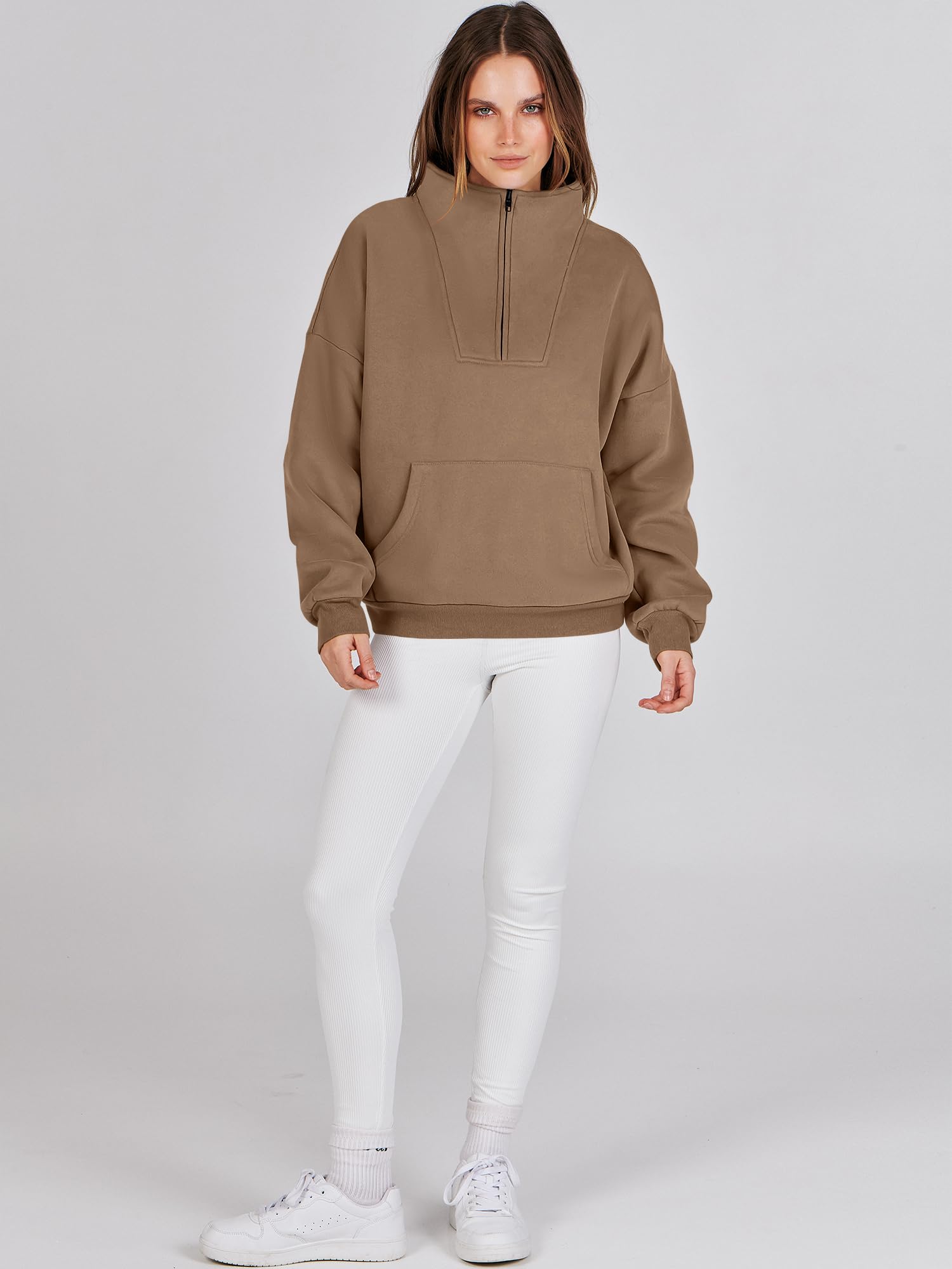 ANRABESS Womens Half Zip Sweatshirts Oversized Crop Pullover 2024 Winter Y2K Fleece Hoodie Sweater Teen Girls Fall Clothes Brown Large