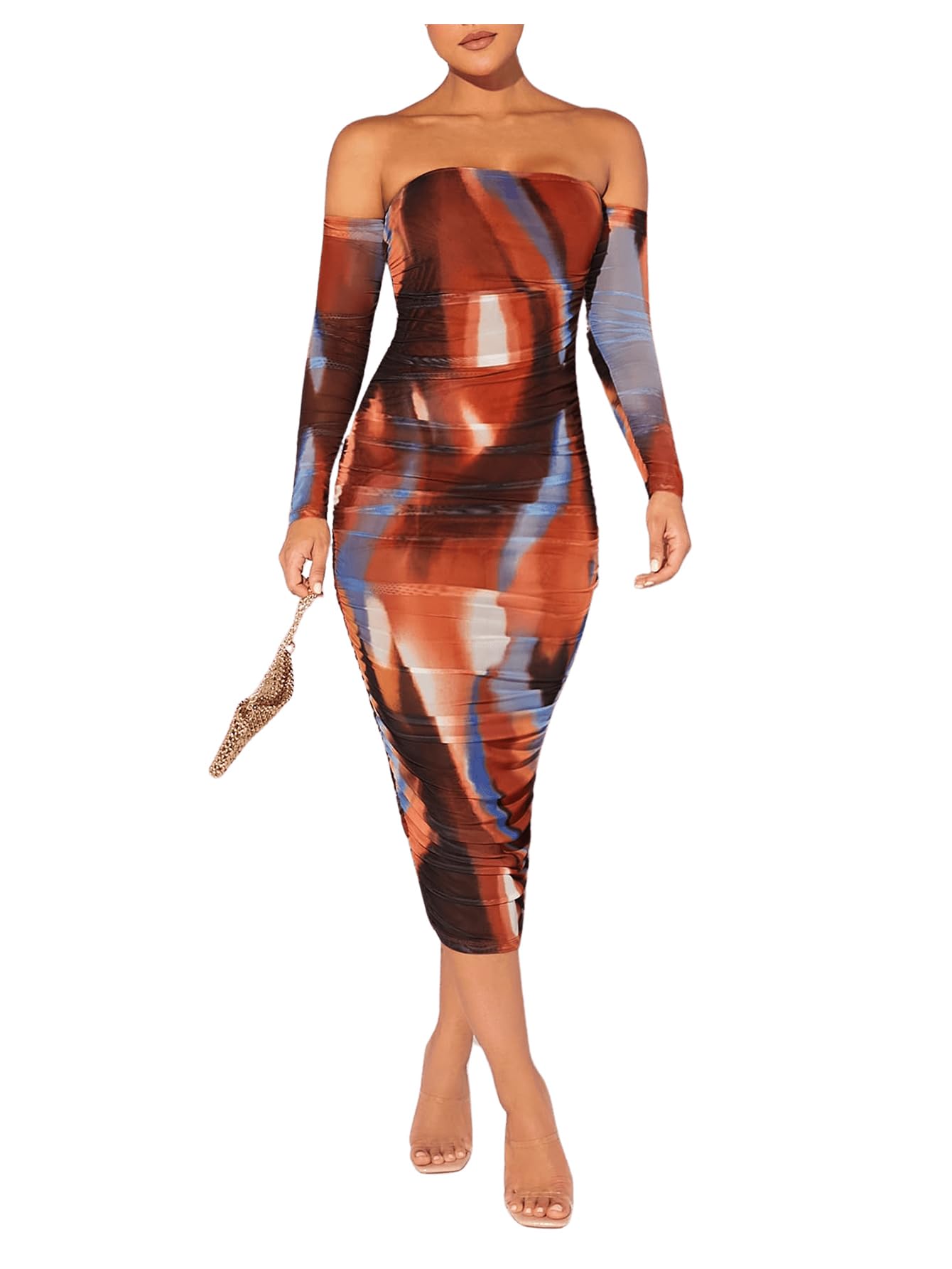 GORGLITTER Women's Tie Dye Bodycon Dress Off The Shoulder Ruched Long Sleeve Midi Dresses Multicolor Large