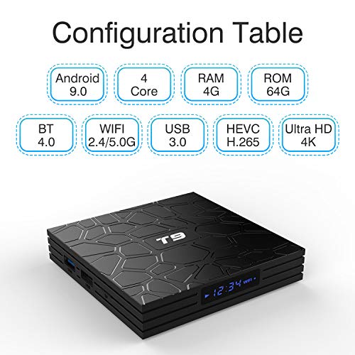 Android 9.0 TV Box, T9 TV Box 4GB DDR3 RAM 64GB ROM RK3318 Quad-Core Cortex-A53 64 Bits Bluetooth 4.0 Support 2.4/5.0GHz Dual WiFi 4K 3D Ultra HD H.265