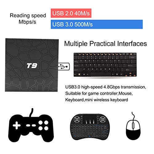 Android 9.0 TV Box, T9 TV Box 4GB DDR3 RAM 64GB ROM RK3318 Quad-Core Cortex-A53 64 Bits Bluetooth 4.0 Support 2.4/5.0GHz Dual WiFi 4K 3D Ultra HD H.265