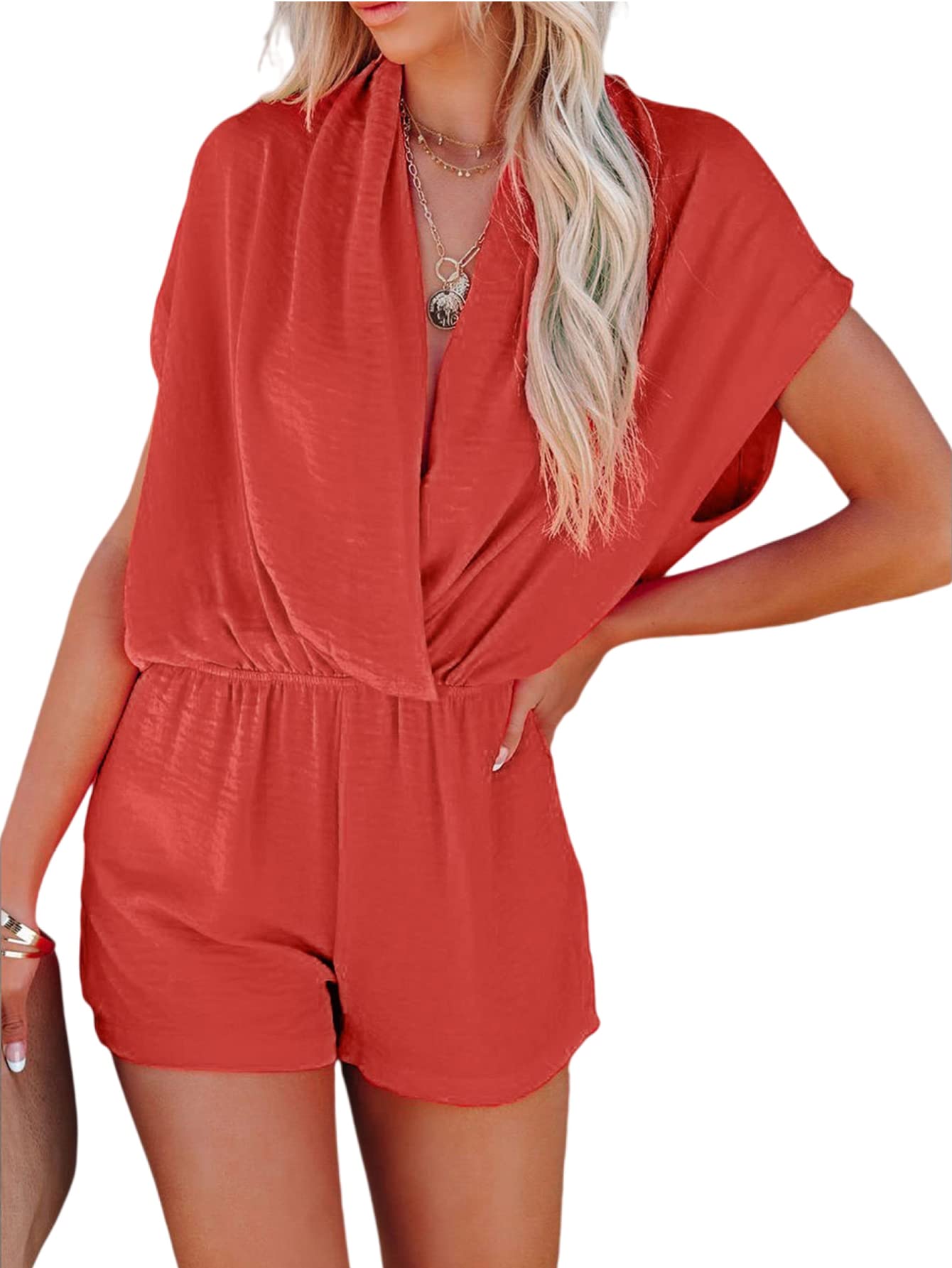 LYANER Women's Summer V Neck Wrap Ruched Front with Pockets Short Sleeve Romper Jumpsuit Red Medium