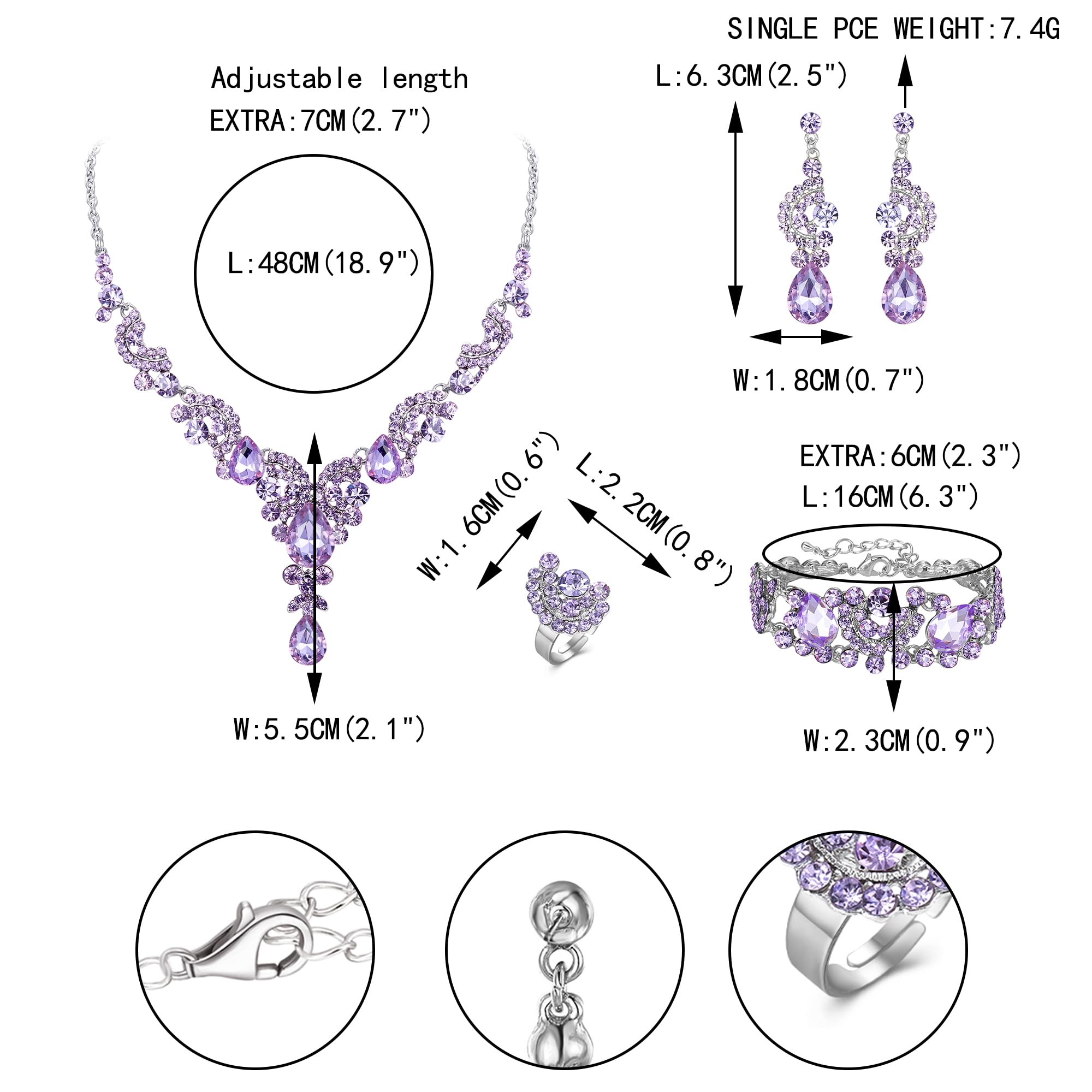 EVER FAITH Wedding Rhinestone Jewelry Sets for Brides, Crystal Bridal Floral Wave Teardrop Necklace Dangle Earrings Bracelet Ring Set Light Purple Silver-Tone
