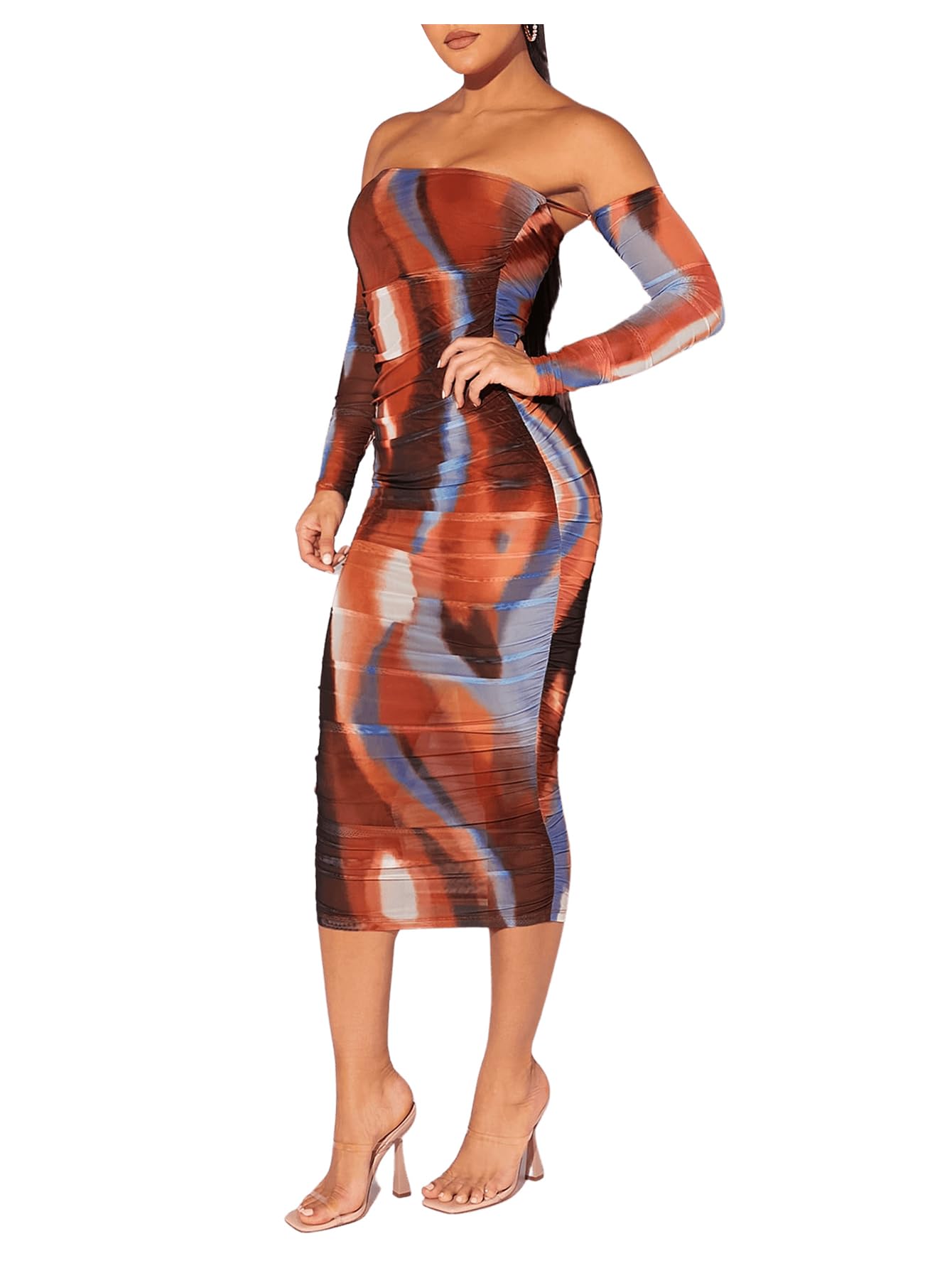 GORGLITTER Women's Tie Dye Bodycon Dress Off The Shoulder Ruched Long Sleeve Midi Dresses Multicolor Large