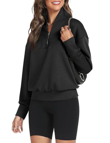 THANTH Half Zip Sweatshirt for Women Baggy Quarter Zip Pullover Hoodies Fall Outfits Cute Y2k Long Sleeve Sweatshirts Black L