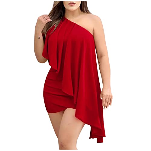WSHEMV Petite Dresses for Women, Heart Dress Vestidos para Embarazadas Women's Long Spring Dresses Sexy Women's One Shoulder Sleeveless Ruched Asymmetrical Party Cocktail Mini Dress (XXL, Red)
