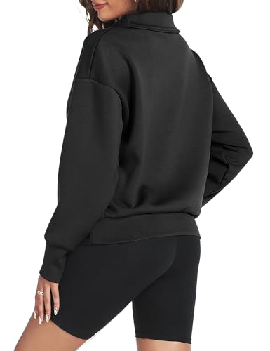 THANTH Half Zip Sweatshirt for Women Baggy Quarter Zip Pullover Hoodies Fall Outfits Cute Y2k Long Sleeve Sweatshirts Black L