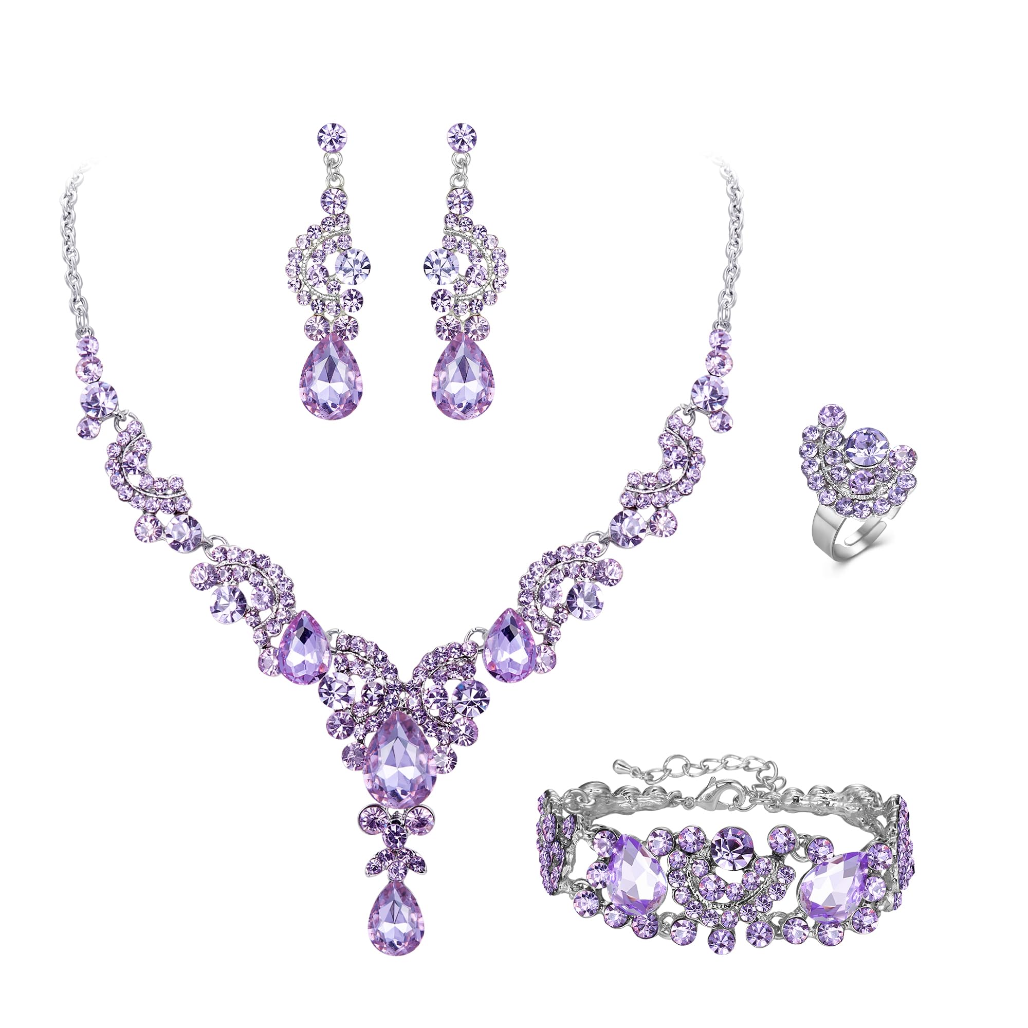 EVER FAITH Wedding Rhinestone Jewelry Sets for Brides, Crystal Bridal Floral Wave Teardrop Necklace Dangle Earrings Bracelet Ring Set Light Purple Silver-Tone