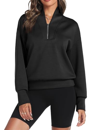 THANTH Half Zip Sweatshirt for Women Baggy Quarter Zip Pullover Hoodies Fall Outfits Cute Y2k Long Sleeve Sweatshirts Black L