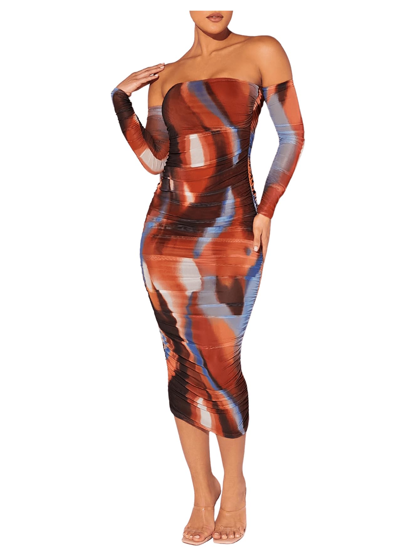 GORGLITTER Women's Tie Dye Bodycon Dress Off The Shoulder Ruched Long Sleeve Midi Dresses Multicolor Large