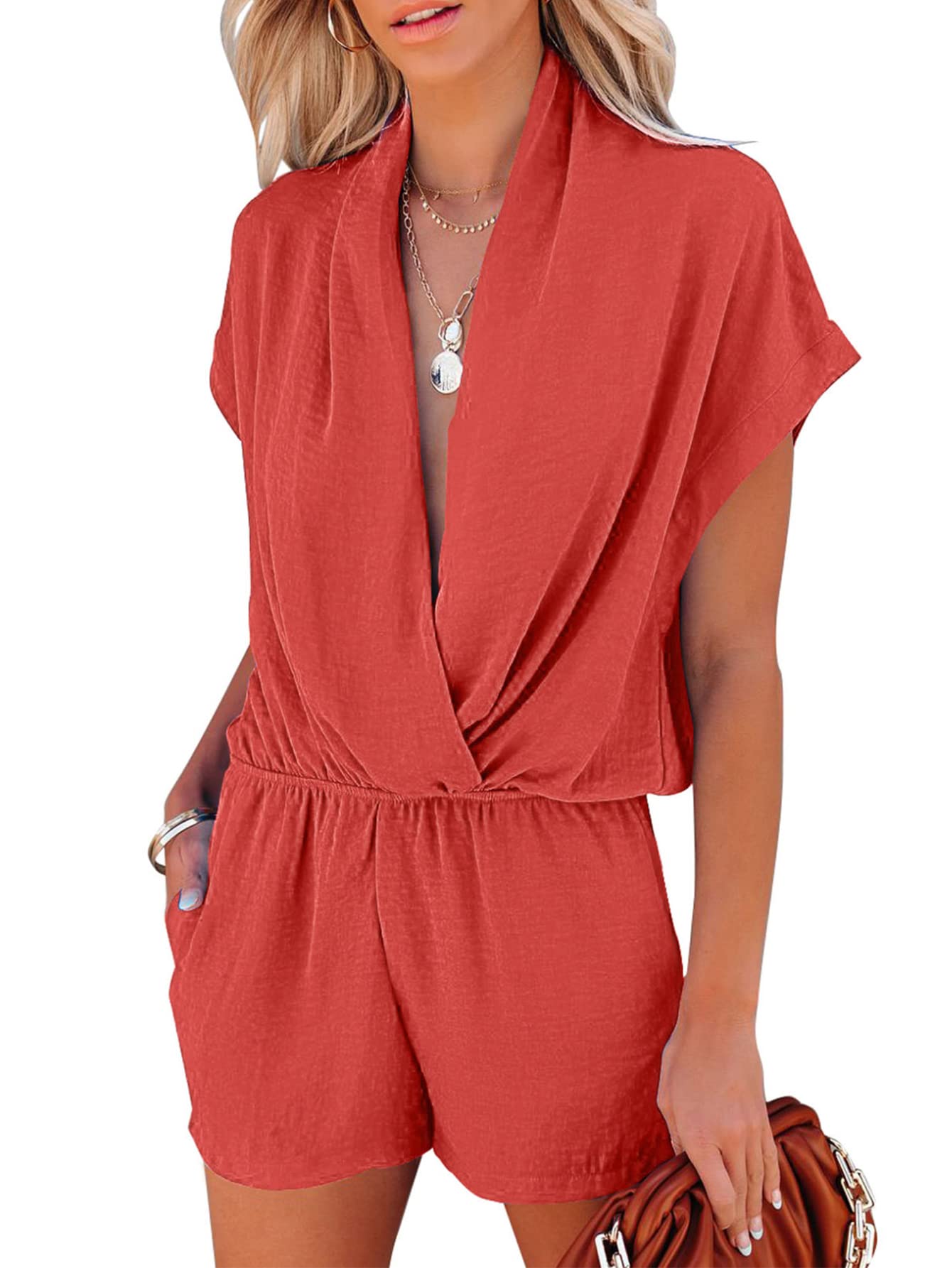 LYANER Women's Summer V Neck Wrap Ruched Front with Pockets Short Sleeve Romper Jumpsuit Red Medium