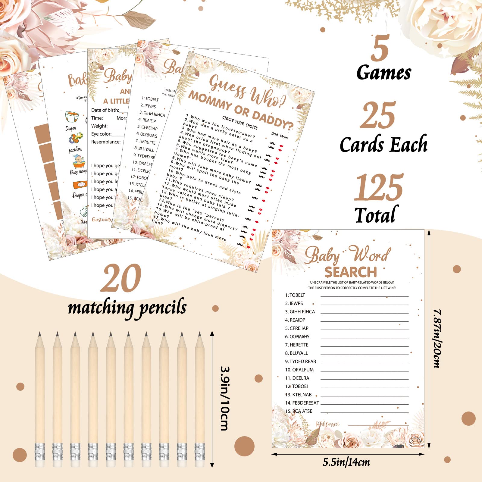 Yinder 145 Pcs Baby Shower Games Activities Cards with 20 Pencils Includes Baby Bingo Description and Wishes Guess Who Price is Right Word Scramble Game(Boho Pampas)