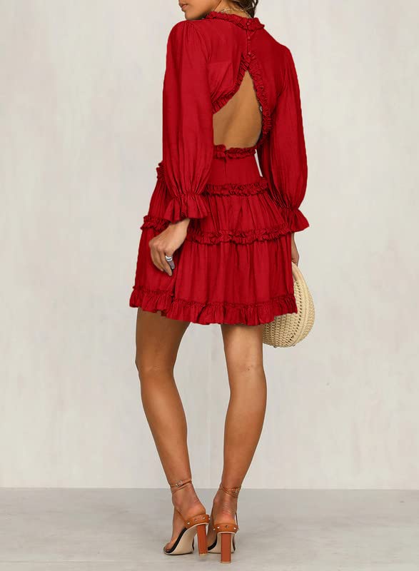 Dokotoo Womens Cute Summer Spring Casual Sexy Deep V Neck Ruffle Chiffon Lantern Long Sleeve Elegant Boho Hawaiian Flowy Mini Short Skirt Dresses for Women Party 2025 Red Small