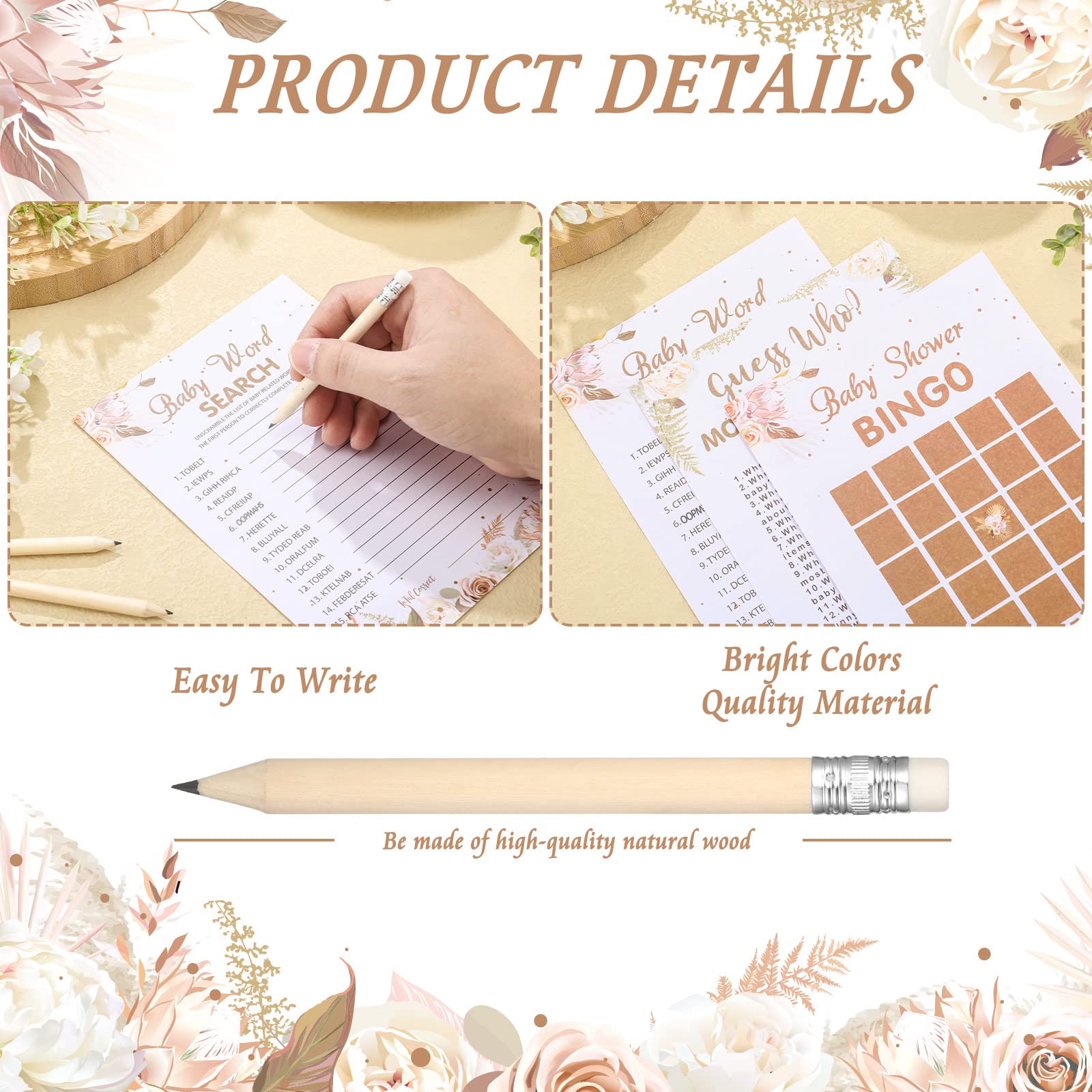 Yinder 145 Pcs Baby Shower Games Activities Cards with 20 Pencils Includes Baby Bingo Description and Wishes Guess Who Price is Right Word Scramble Game(Boho Pampas)