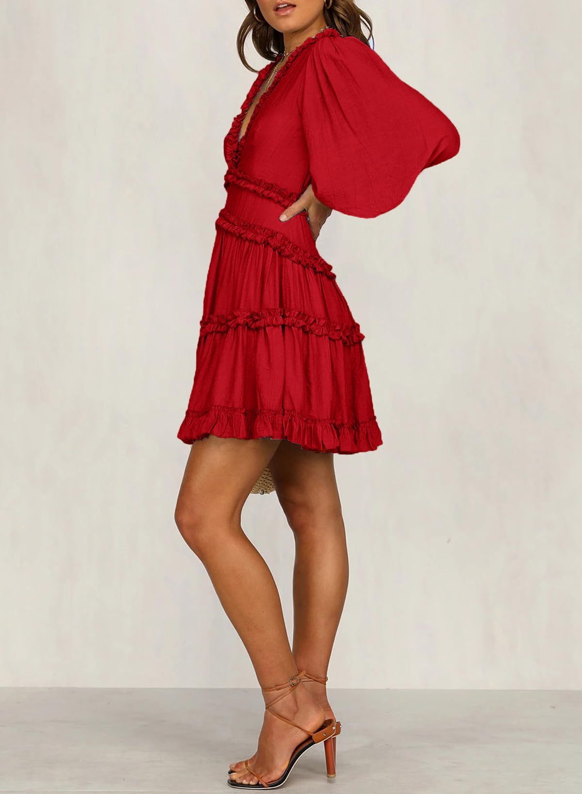 Dokotoo Womens Cute Summer Spring Casual Sexy Deep V Neck Ruffle Chiffon Lantern Long Sleeve Elegant Boho Hawaiian Flowy Mini Short Skirt Dresses for Women Party 2025 Red Small