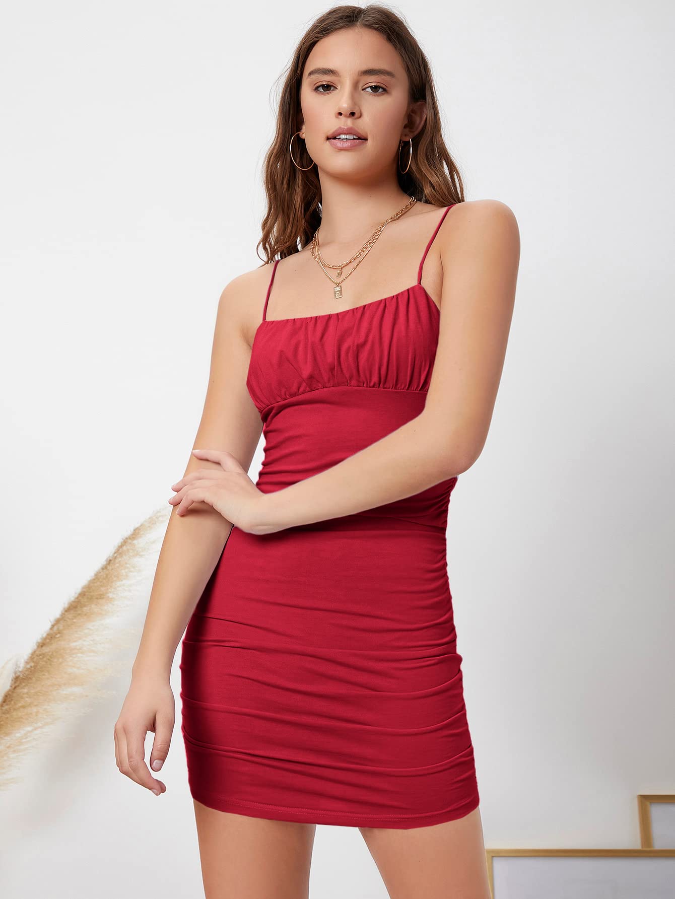 Verdusa Women's Ruched Bust Spaghetti Strap Mini Cami Bodycon Short Dress Red M