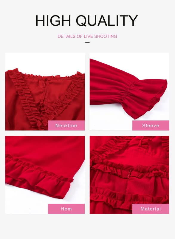 Dokotoo Womens Cute Summer Spring Casual Sexy Deep V Neck Ruffle Chiffon Lantern Long Sleeve Elegant Boho Hawaiian Flowy Mini Short Skirt Dresses for Women Party 2025 Red Small
