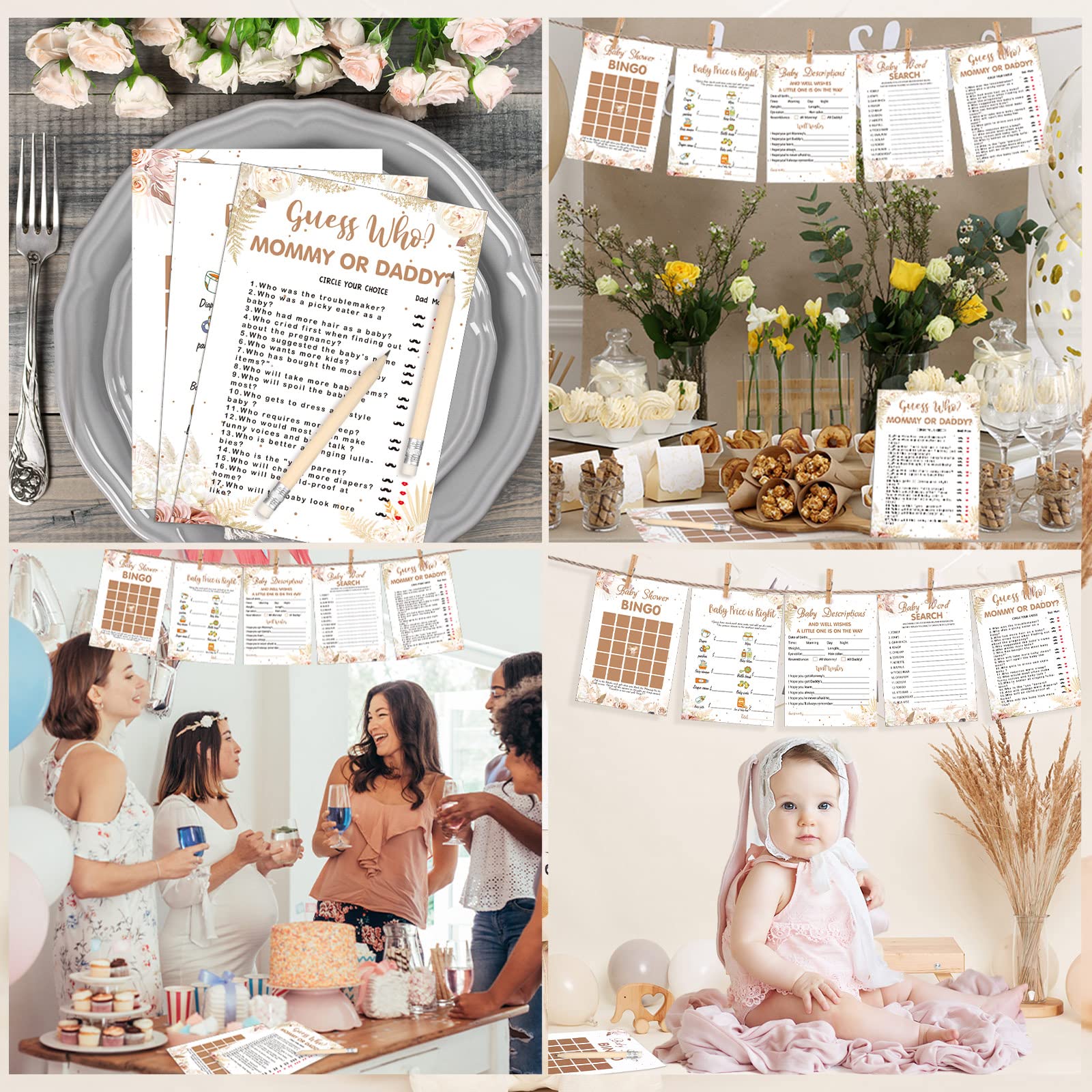 Yinder 145 Pcs Baby Shower Games Activities Cards with 20 Pencils Includes Baby Bingo Description and Wishes Guess Who Price is Right Word Scramble Game(Boho Pampas)