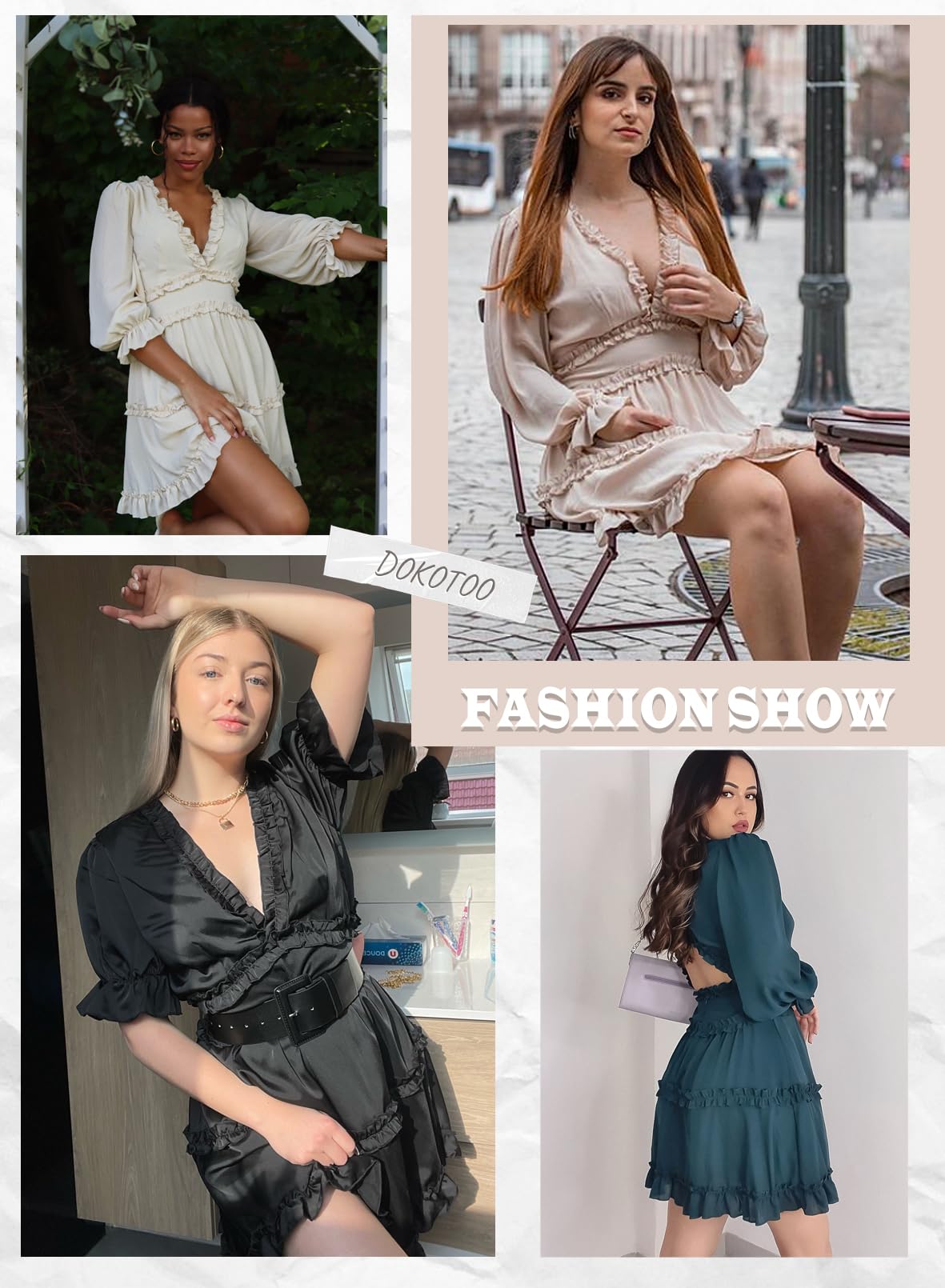 Dokotoo Womens Cute Summer Spring Casual Sexy Deep V Neck Ruffle Chiffon Lantern Long Sleeve Elegant Boho Hawaiian Flowy Mini Short Skirt Dresses for Women Party 2025 Red Small