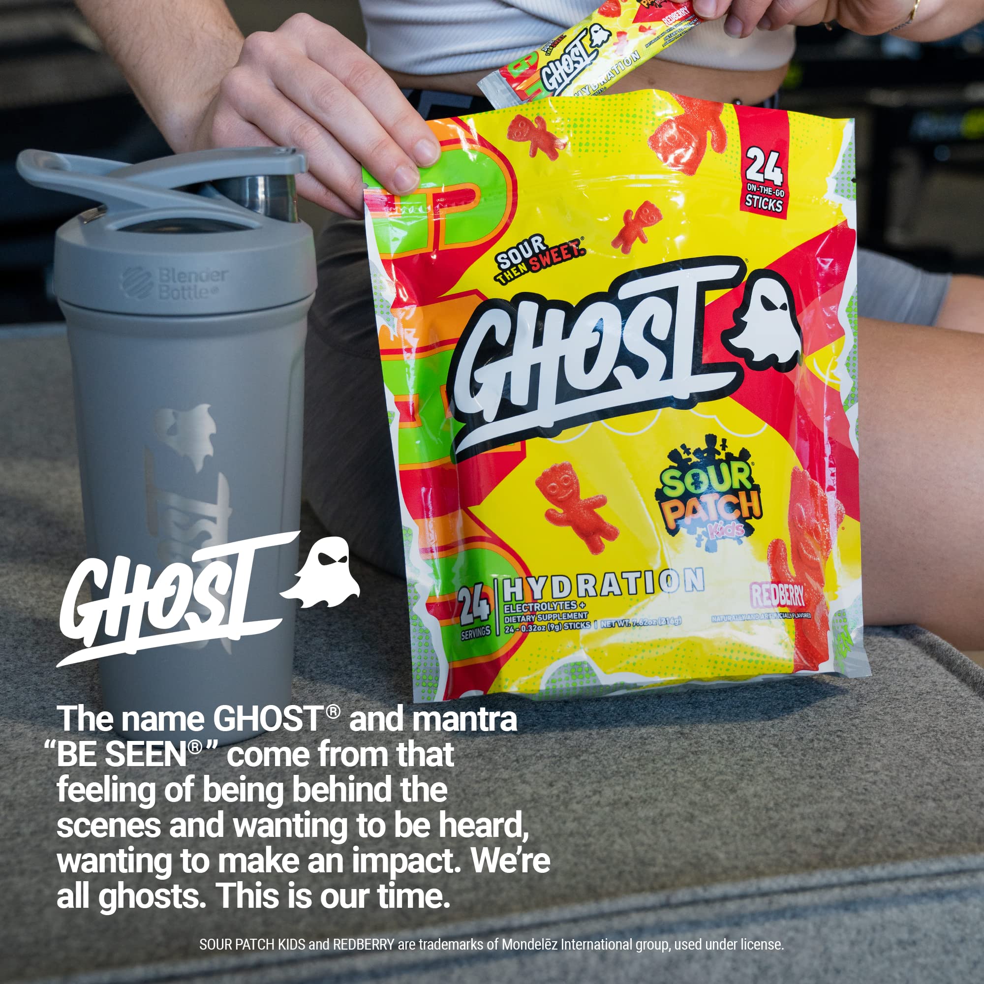 GHOST Hydration Packets, Sour Patch Kids Redberry, 24 Sticks, Electrolyte Powder - Drink Mix Supplement with Magnesium, Potassium, Calcium, Vitamin C - Vegan, Free of Soy, Sugar & Gluten