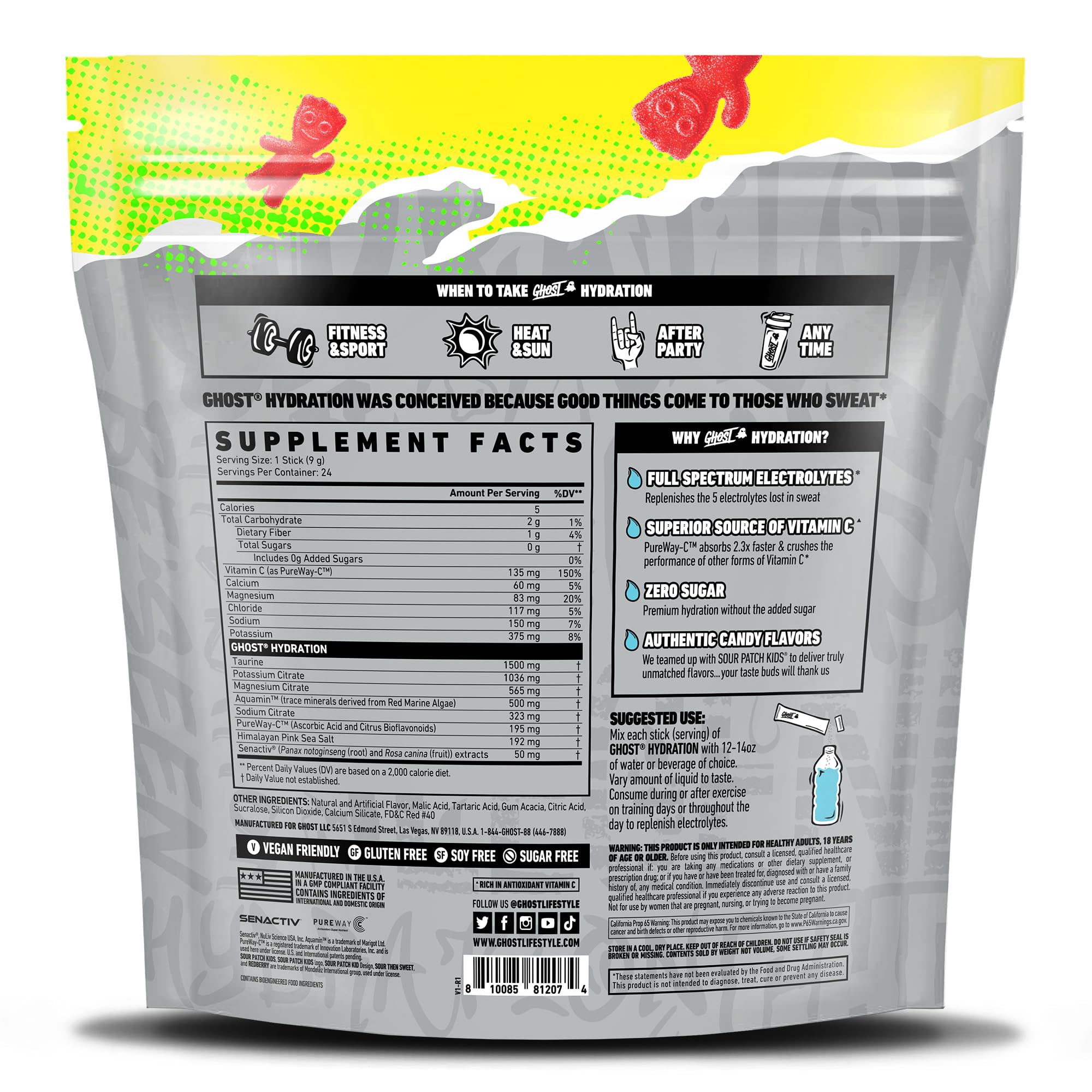 GHOST Hydration Packets, Sour Patch Kids Redberry, 24 Sticks, Electrolyte Powder - Drink Mix Supplement with Magnesium, Potassium, Calcium, Vitamin C - Vegan, Free of Soy, Sugar & Gluten