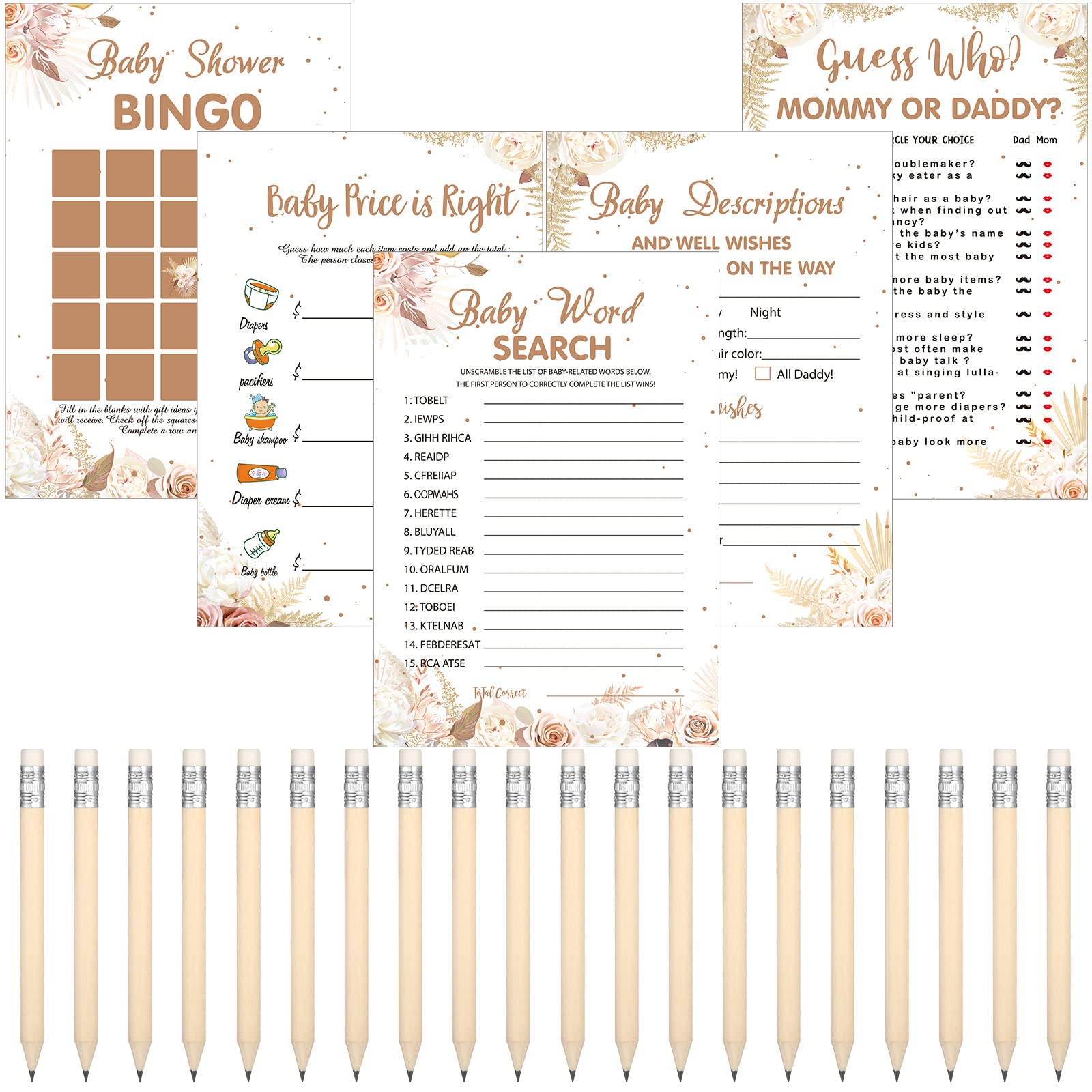 Yinder 145 Pcs Baby Shower Games Activities Cards with 20 Pencils Includes Baby Bingo Description and Wishes Guess Who Price is Right Word Scramble Game(Boho Pampas)