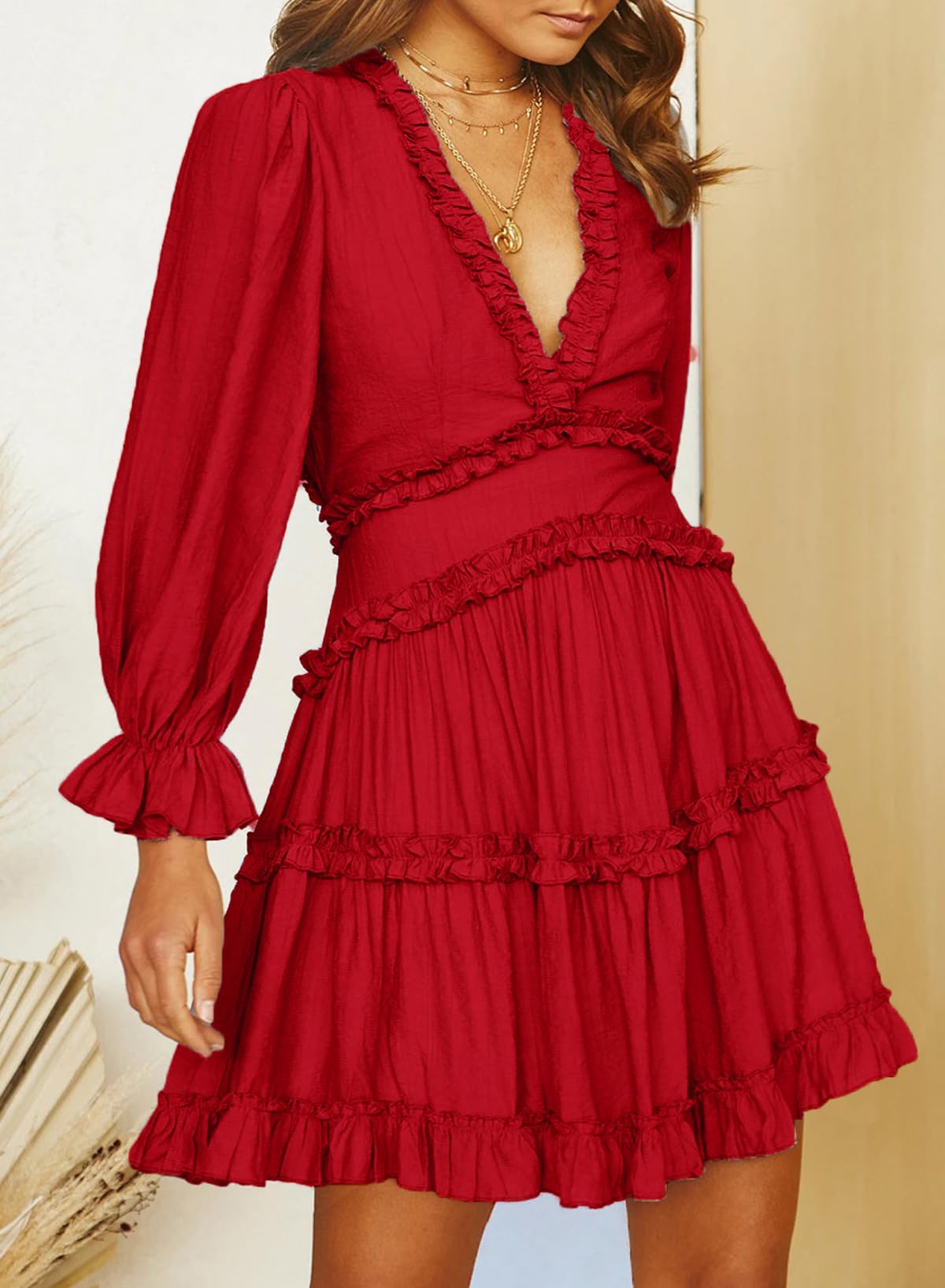 Dokotoo Womens Cute Summer Spring Casual Sexy Deep V Neck Ruffle Chiffon Lantern Long Sleeve Elegant Boho Hawaiian Flowy Mini Short Skirt Dresses for Women Party 2025 Red Small