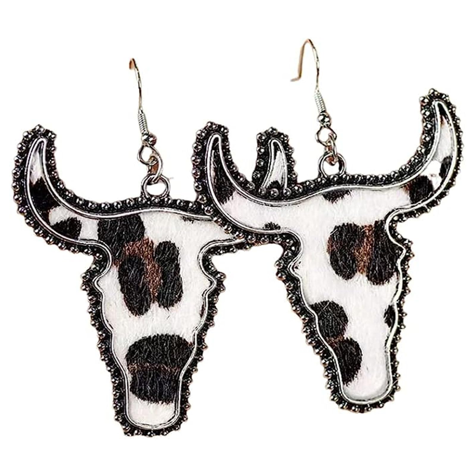 Handmade Funny Western Cowgirl Cowboy Cow Bull Cattle Head Animal Cow Print Drop Dangle Bohemian Ethnic Boho Vintage Earrings Jewelry for Women-1